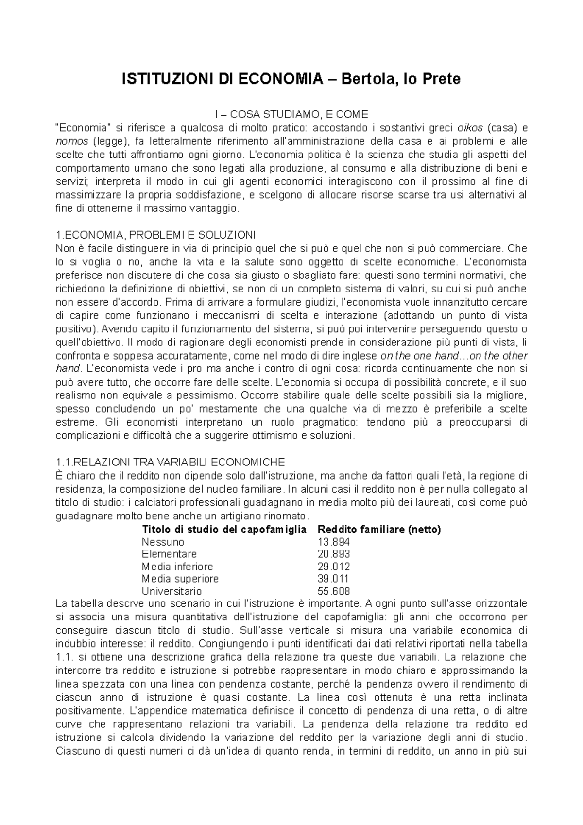 Istituzioni DI Economia - ISTITUZIONI DI ECONOMIA – Bertola, lo Prete I ...