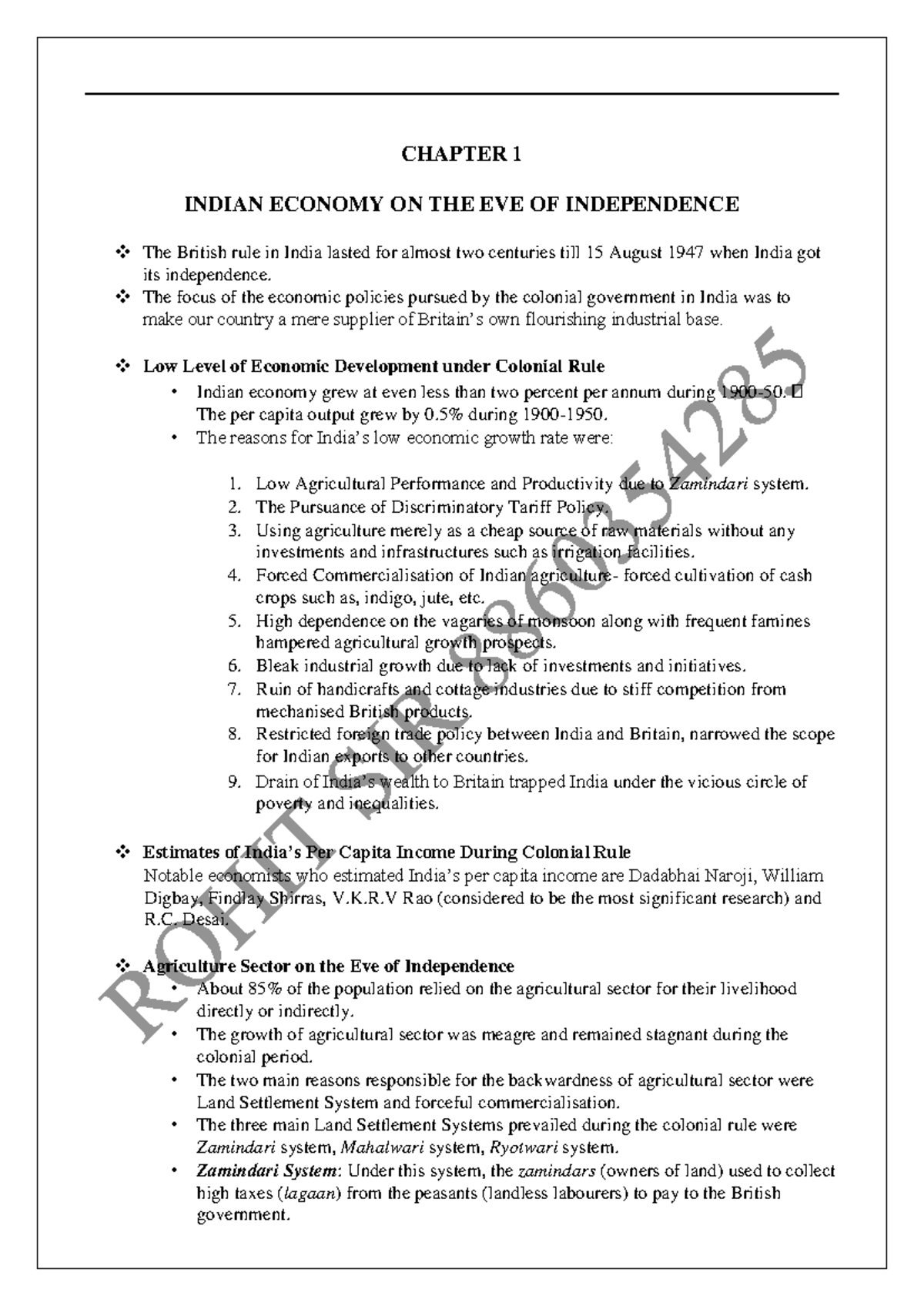 Ch 1 - Best notes - CHAPTER 1 INDIAN ECONOMY ON THE EVE OF INDEPENDENCE ...