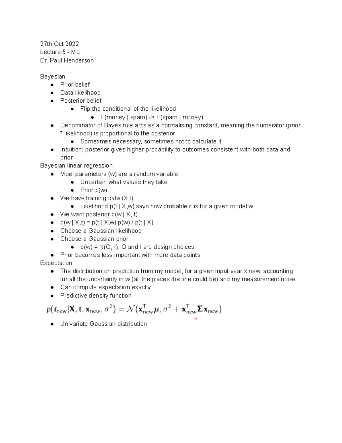 Machine Learning Lecture 5 27th Oct 2022 27th Oct 2022 Lecture 5