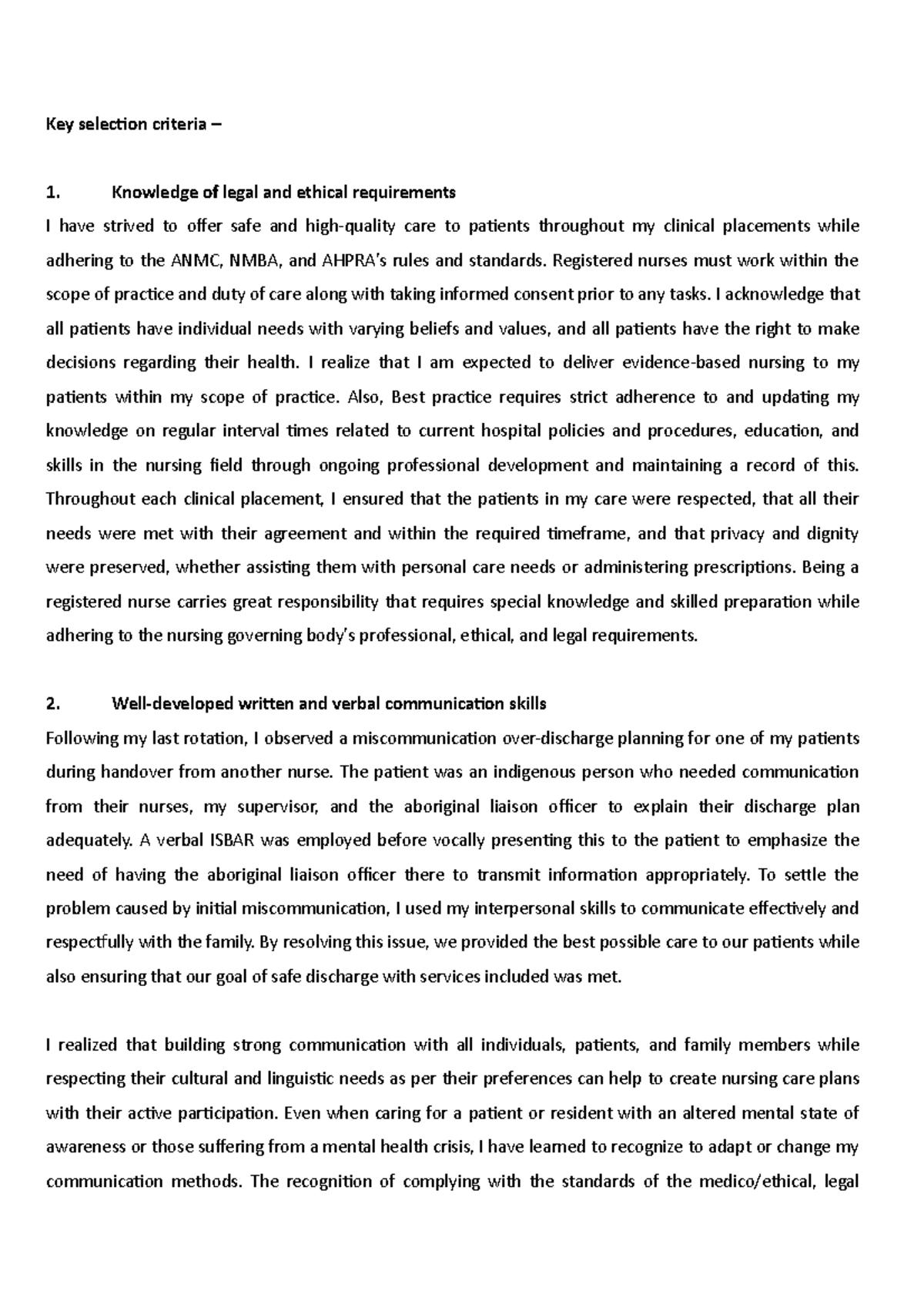 Key selection criteria 1 - HBNB - VU - Studocu