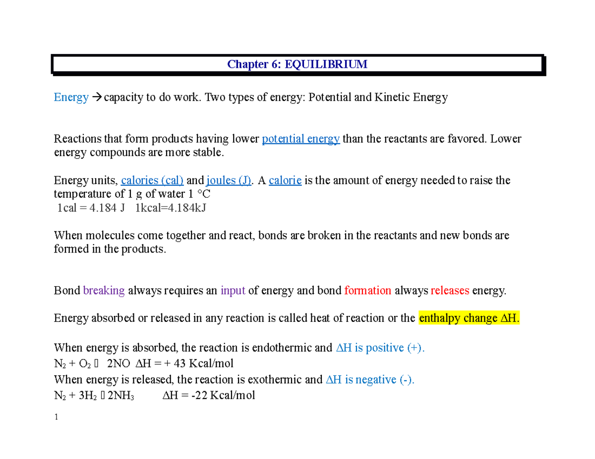 Chapter 6 Energy changes, Reaction Rates and Equilbrium lecture notes ...