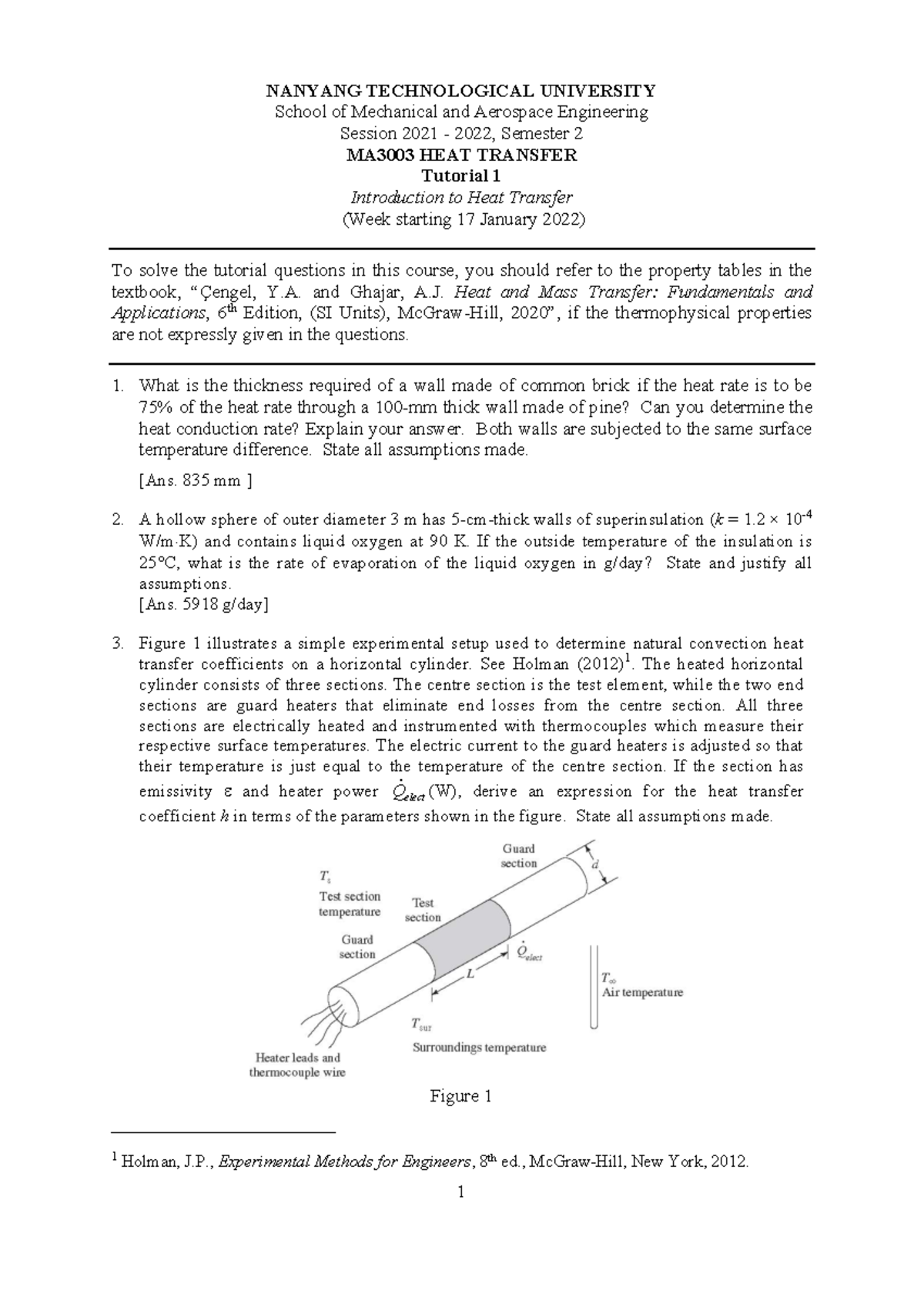MA3003 Tutorial 1 (Qs + Working) - 1 NANYANG TECHNOLOGICAL UNIVERSITY School of Mechanical and ...