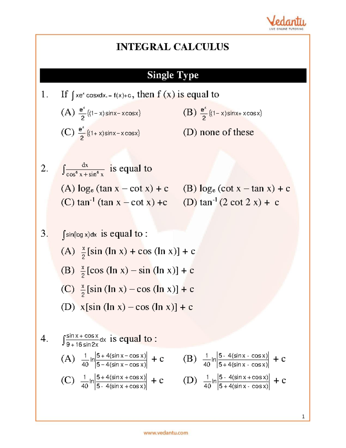 Ved main - Mathematics questions - INTEGRAL CALCULUS Single Type 1. If ...