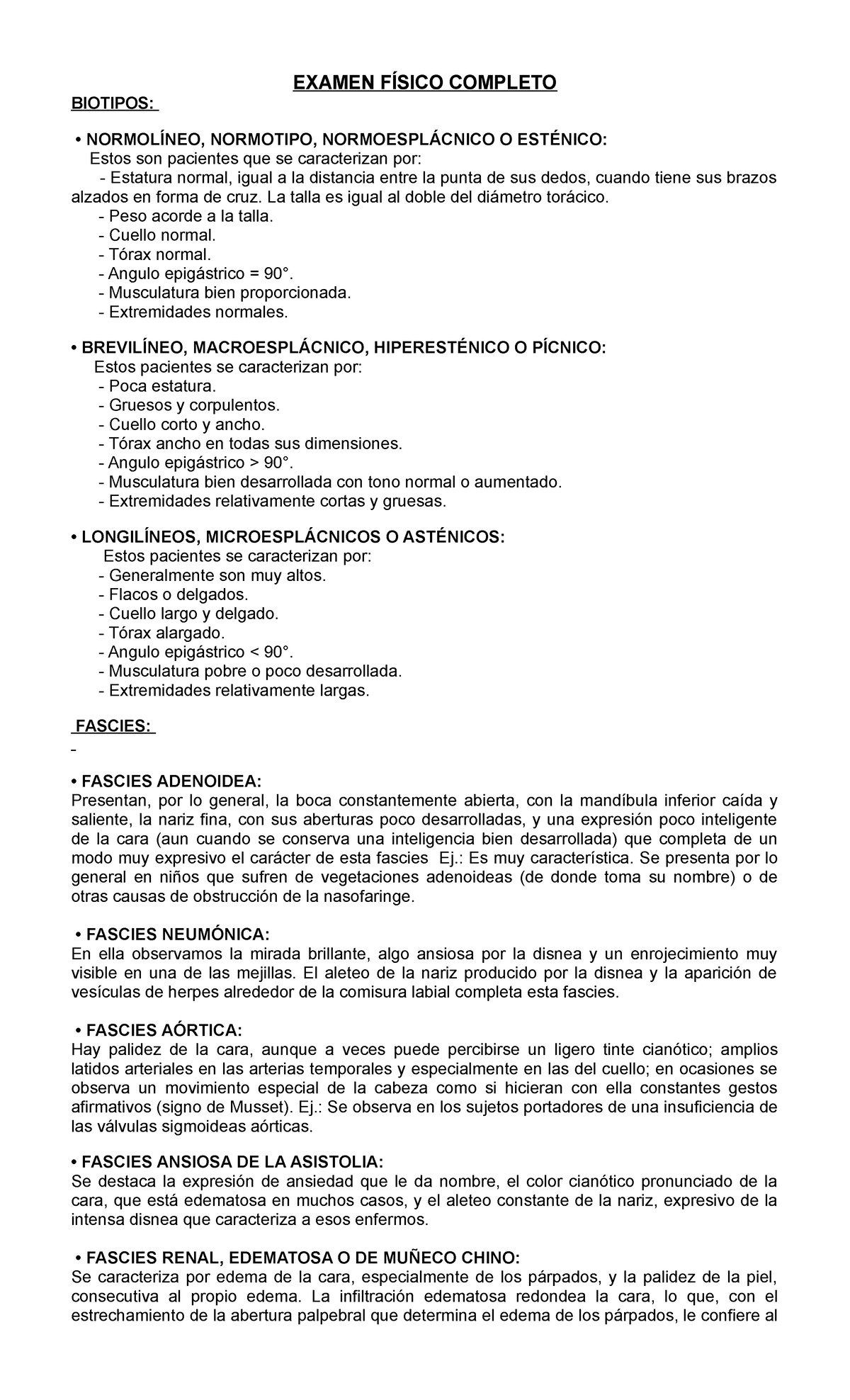 Evaluativas de exámenes - EXAMEN FÍSICO COMPLETO BIOTIPOS: • NORMOLÍNEO ...