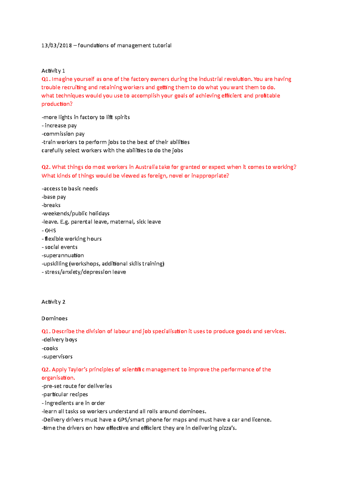 Tutorial 2 - Lecture notes 2 - 13/03/2018 – foundations of management ...