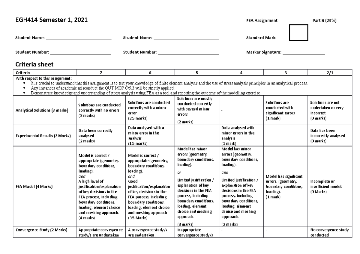 FEA Part B Criteria Sheet 2021 - EGH414 Semester 1, 2021 FEA Assignment ...