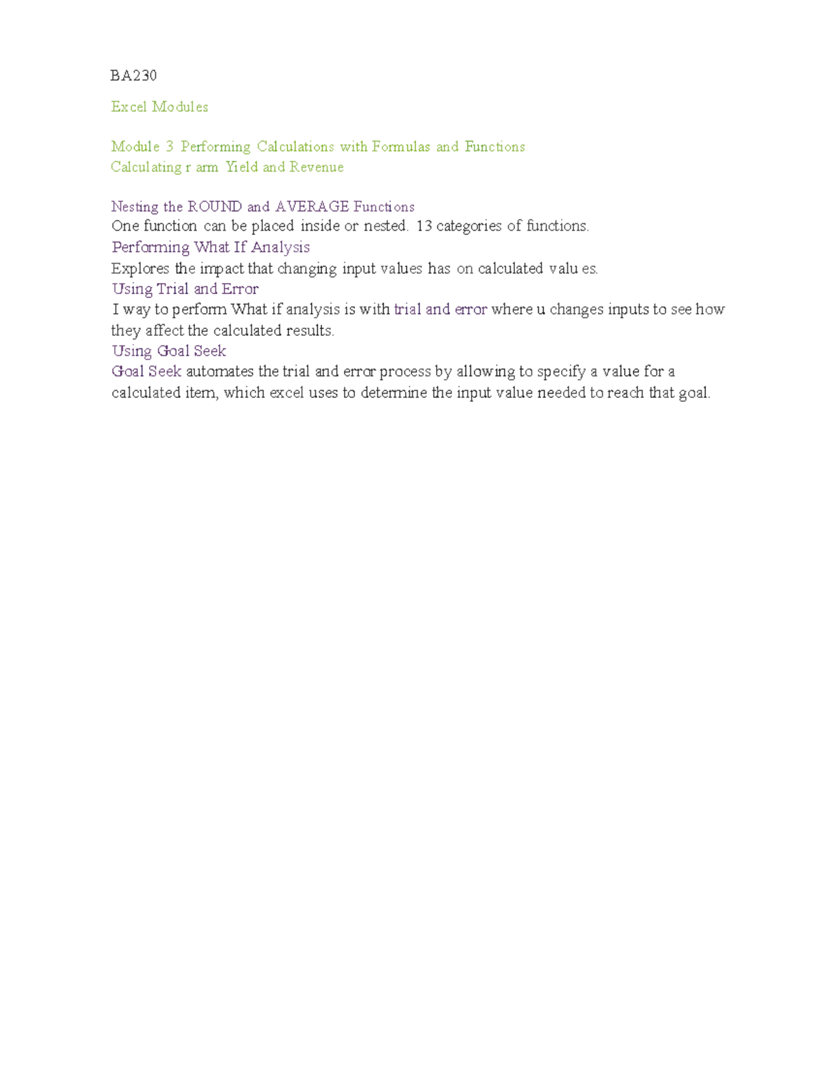 BA 230 Module 3,4 study guide copy - BA Excel Modules Module 3 Performing Calculations with ...