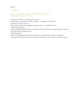 Excel Study Guide - Lecture notes A - Excel Modules Module 1 Getting ...