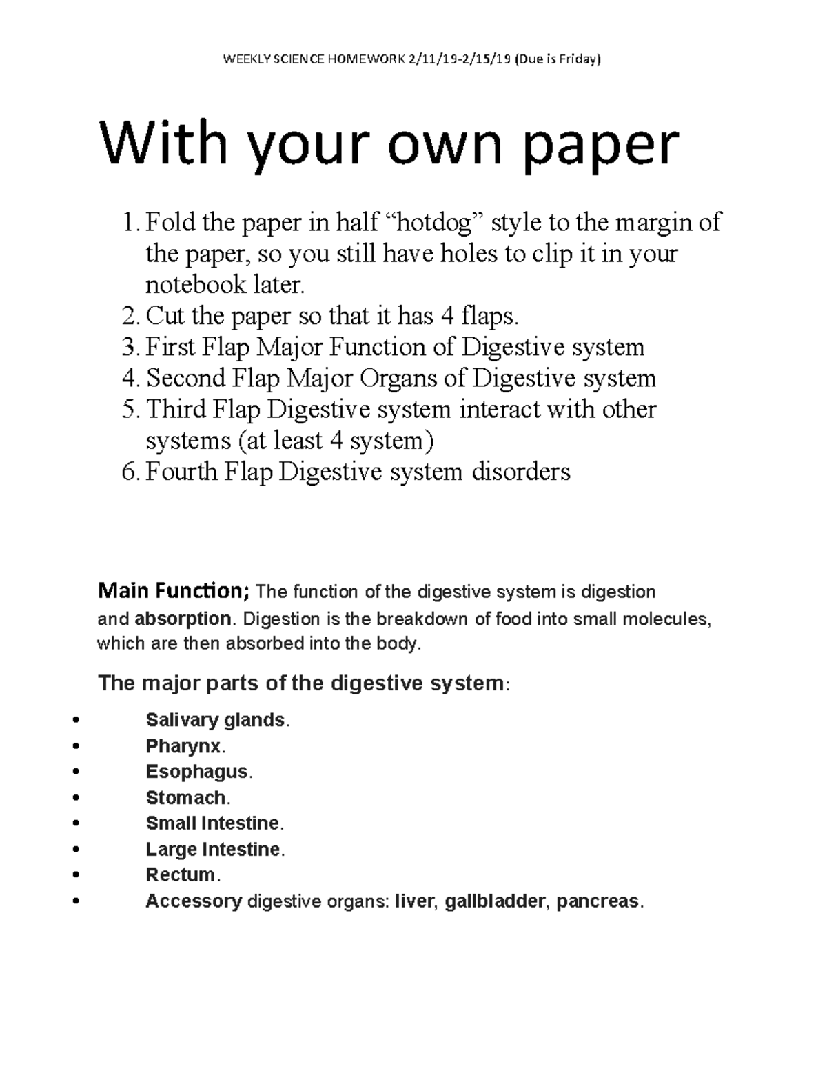 Digestive system foldable weekly hw - WEEKLY SCIENCE HOMEWORK 2/11/19-2 ...