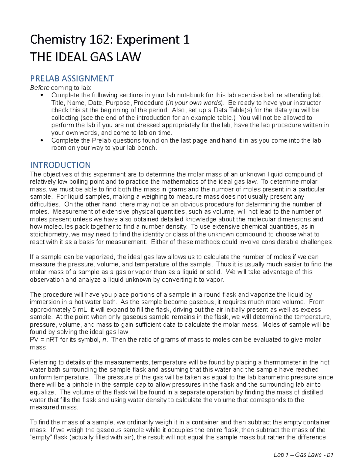 Lab+1+Gas+Laws - It for lab - Chemistry 162: Experiment 1 THE IDEAL GAS ...