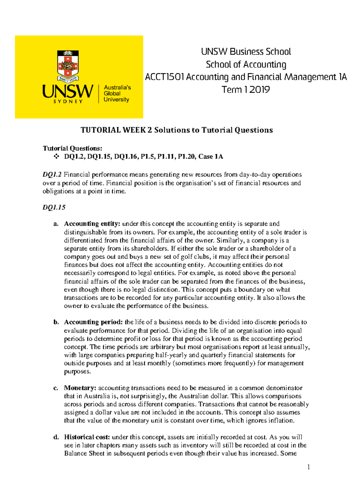 UNSW ACCT1501 Tutorial Question Answers - UNSW Business School School ...