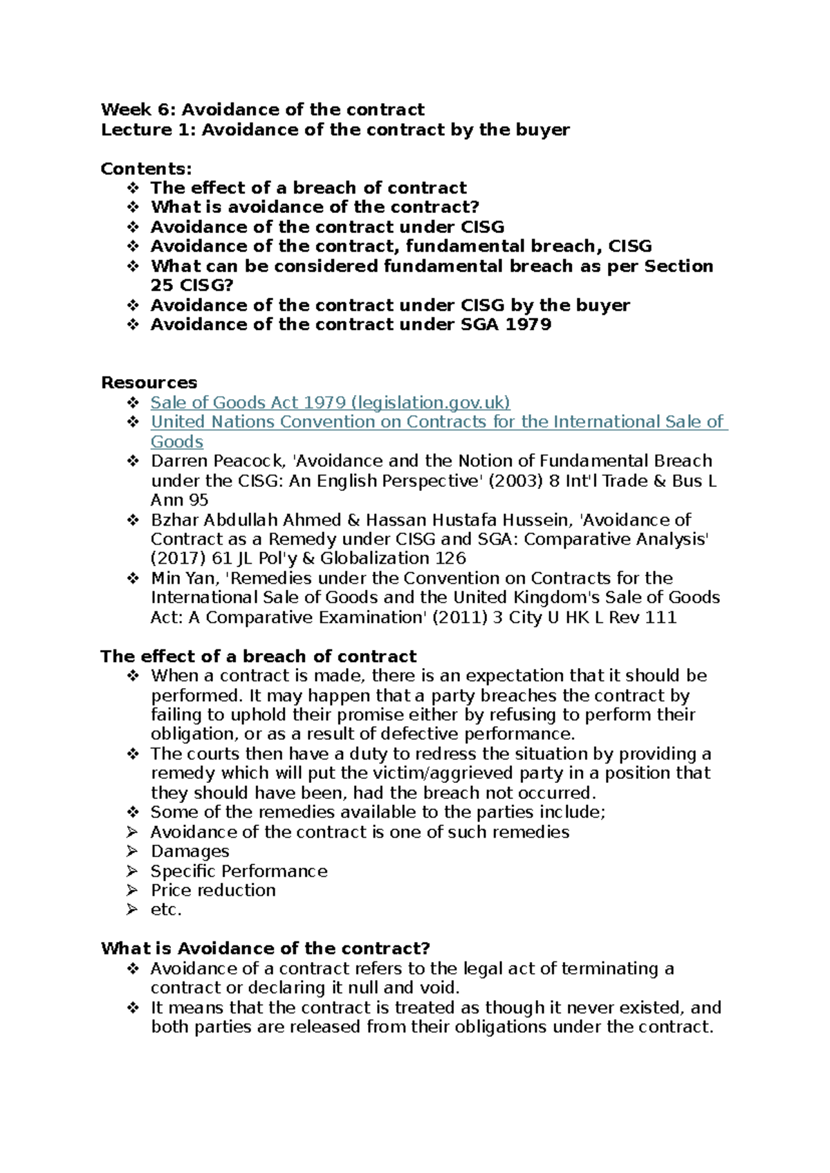 Week 6- Avoidance of the contract Lecture 1- Avoidance of the contract ...