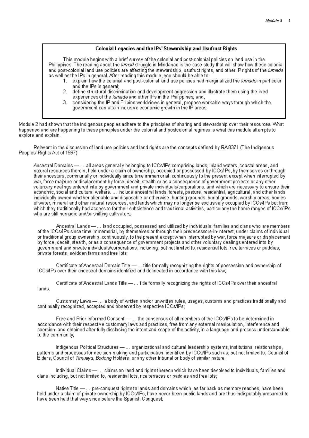 Module 3 - Colonial Legacies and the IPs' Stewardship and Usufruct ...