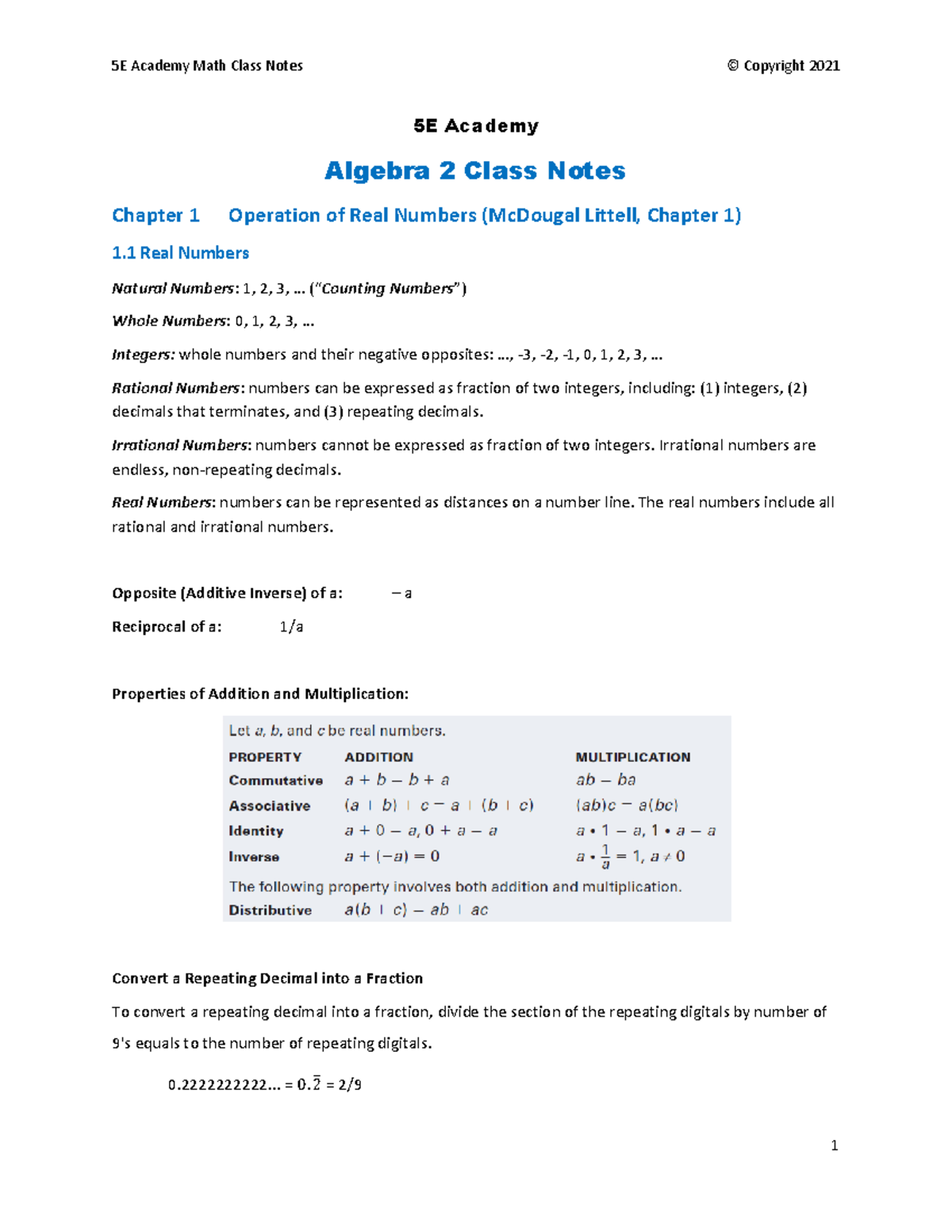 Class Notes Algebra 2 Chapter 1 10 - 5E Academy Algebra 2 Class Notes ...