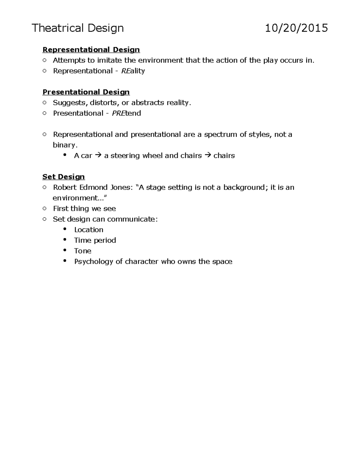 Lecture Notes, Lecture Theatrical Design - Theatrical Design 10/20 ...