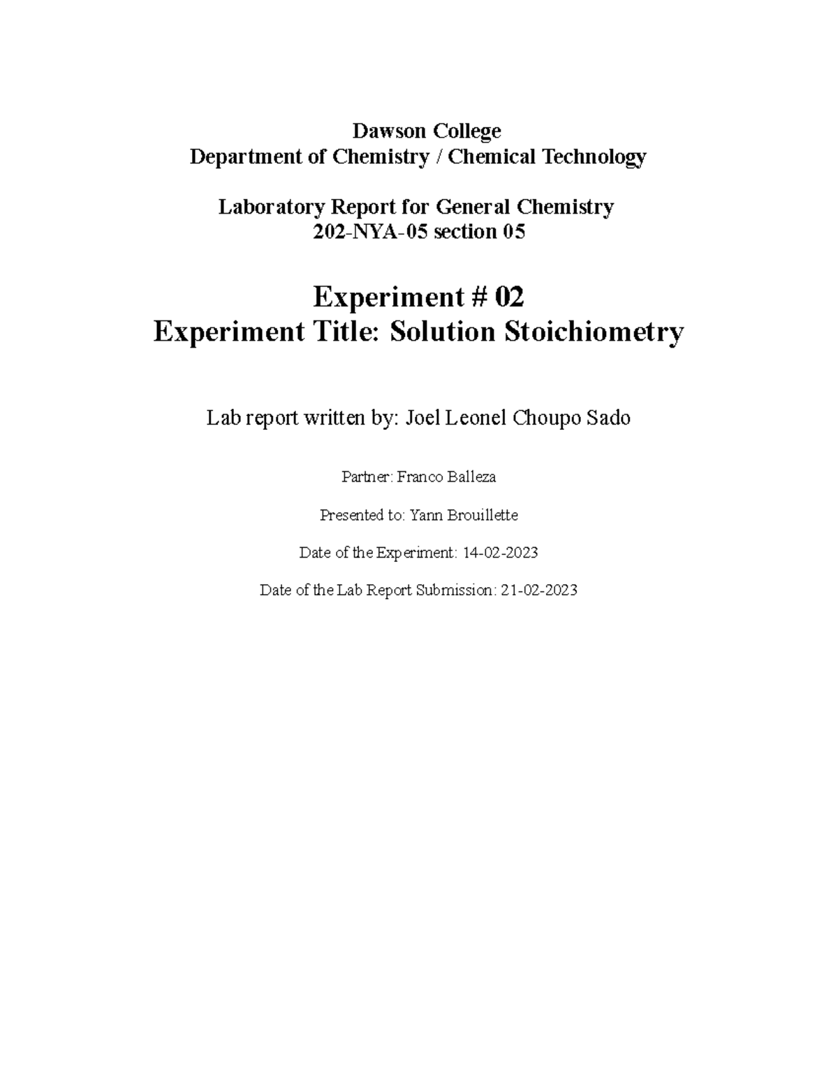 Lab solution stoichiometry - Dawson College Department of Chemistry ...