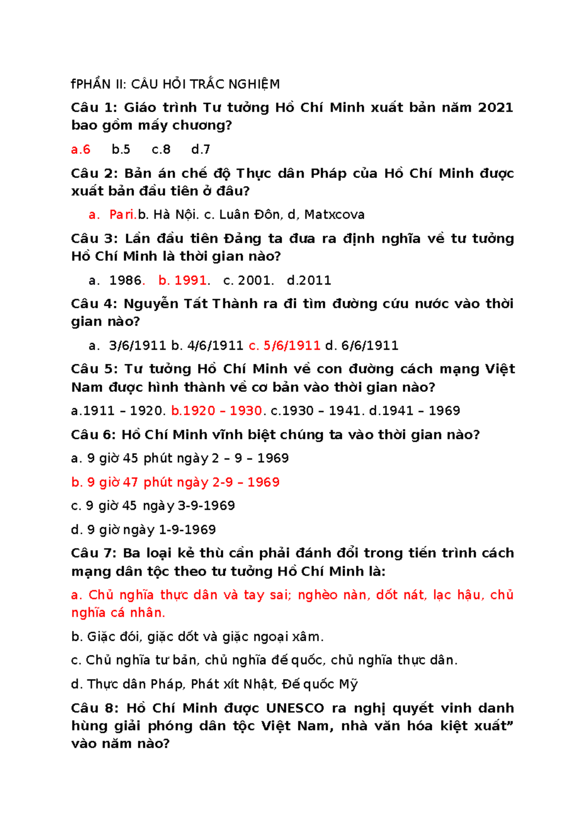 Trắc-nghiệm-HCM - llkkj - fPHẦN II: CÂU HỎI TRẮC NGHIỆM Câu 1: Giáo ...