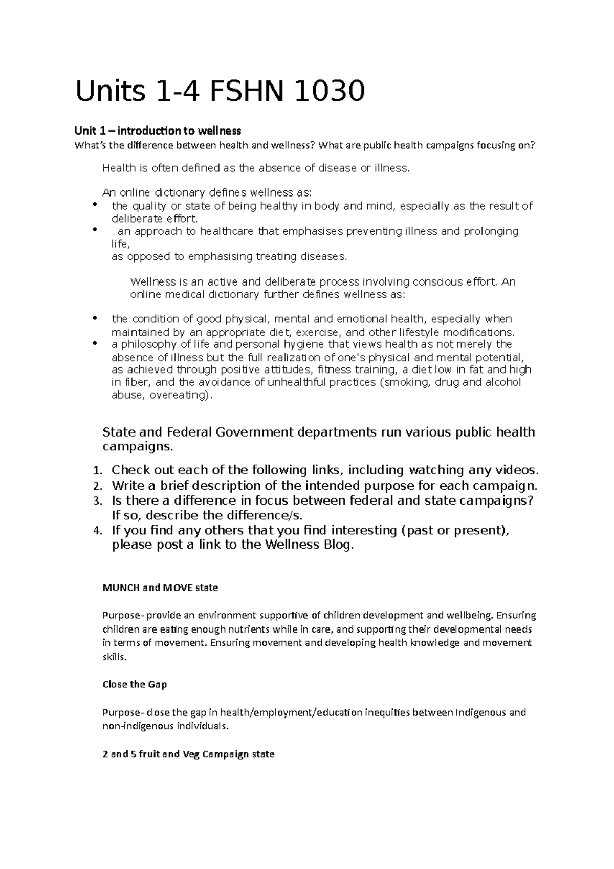 Units 1-4 FSHN1030 unit objectives and summary - Units 1-4 FSHN 1030 ...