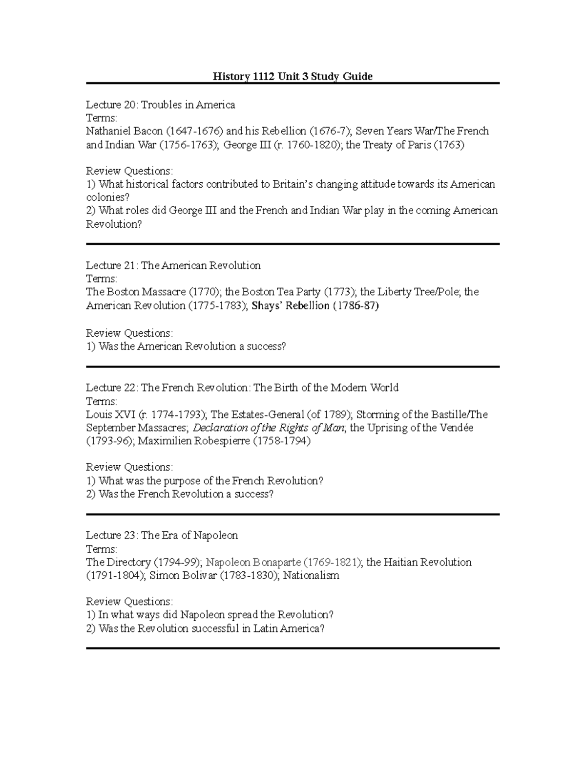 Unit 3 Study Guide Spring 2020 - History 1112 Unit 3 Study Guide ...