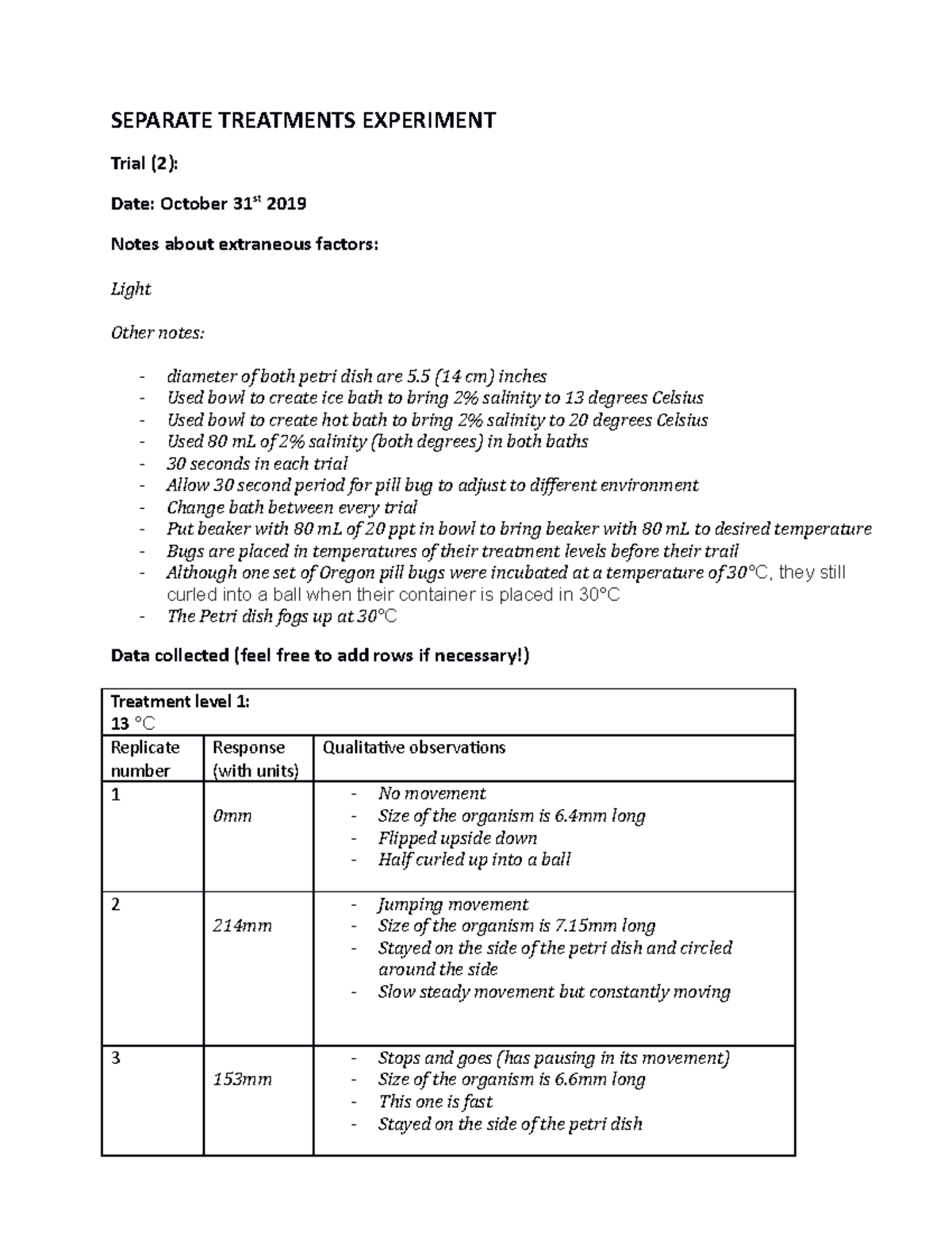 Trail 2 Data Table Template - Separate Treatment Experiment - SEPARATE ...