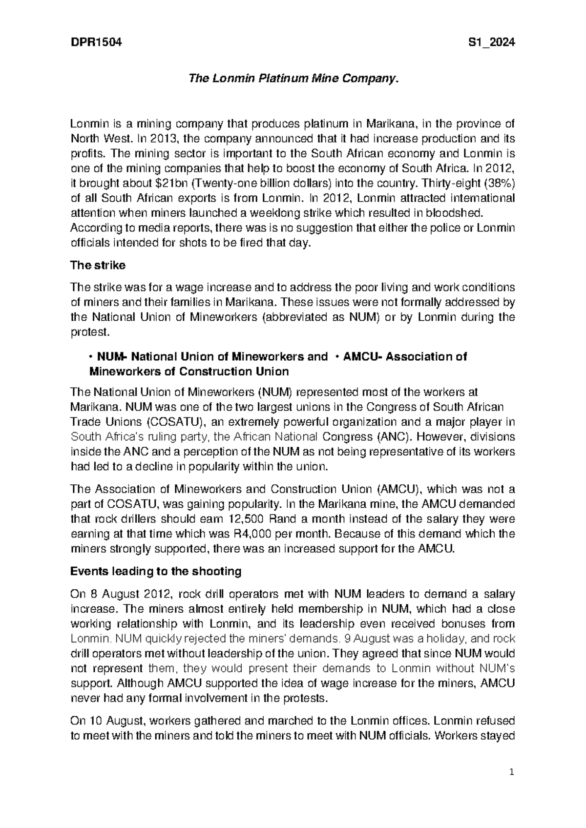 The Lonmin Platinum Mine Company case study - The Lonmin Platinum Mine ...