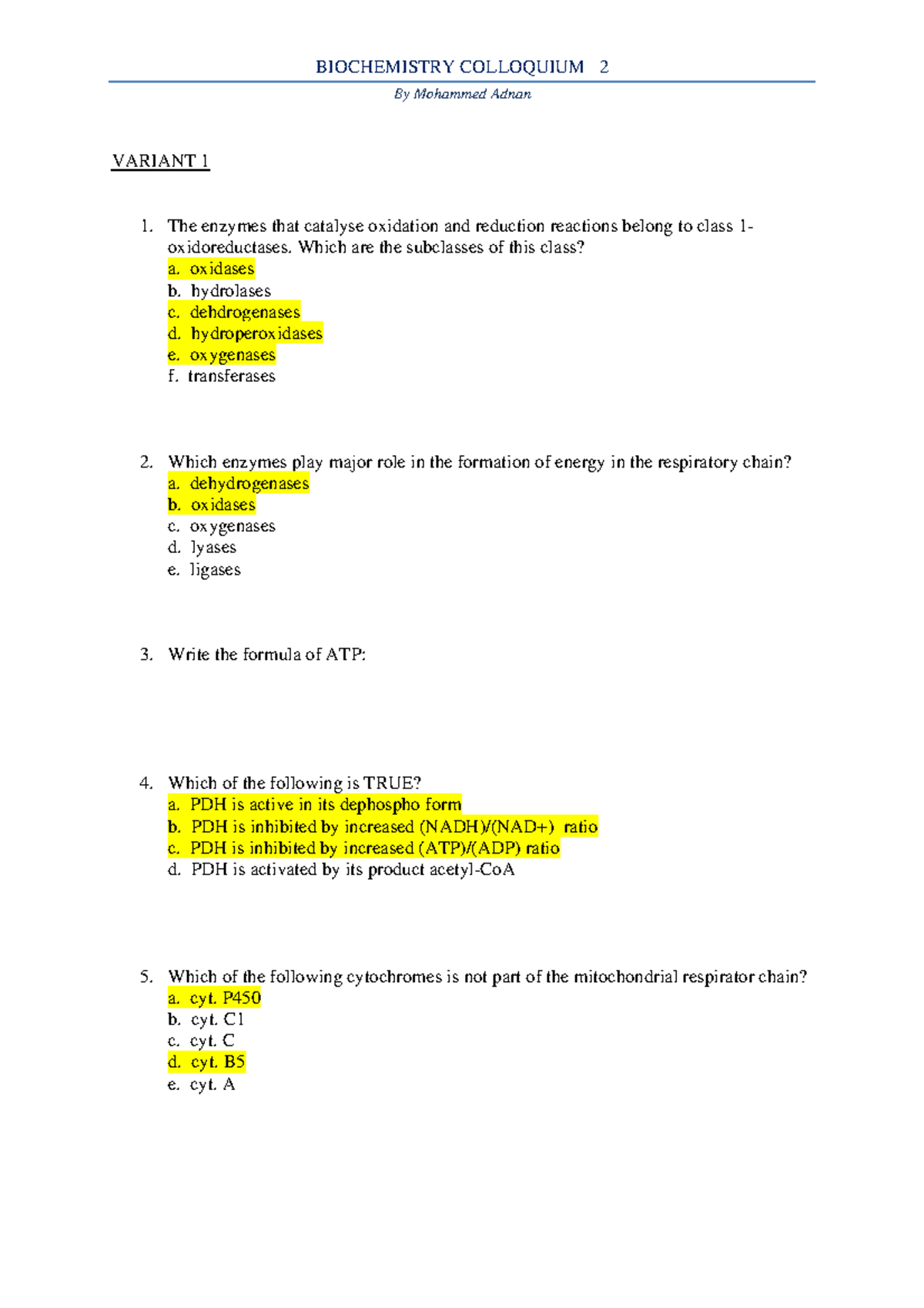 Biochem merged mcq - BIOCHEMISTRY COLLOQUIUM 2 By Mohammed Adnan ...