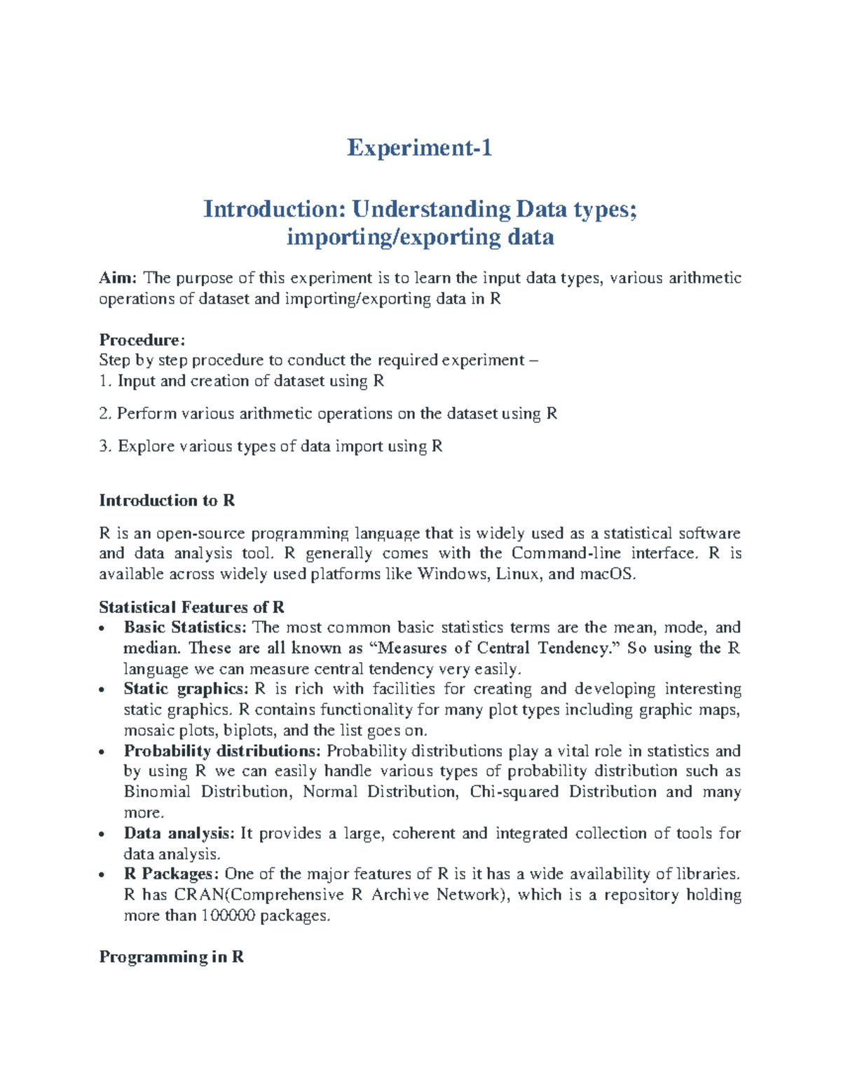 Experiment 1 - Experiment- Introduction: Understanding Data types; importing/exporting data Aim ...