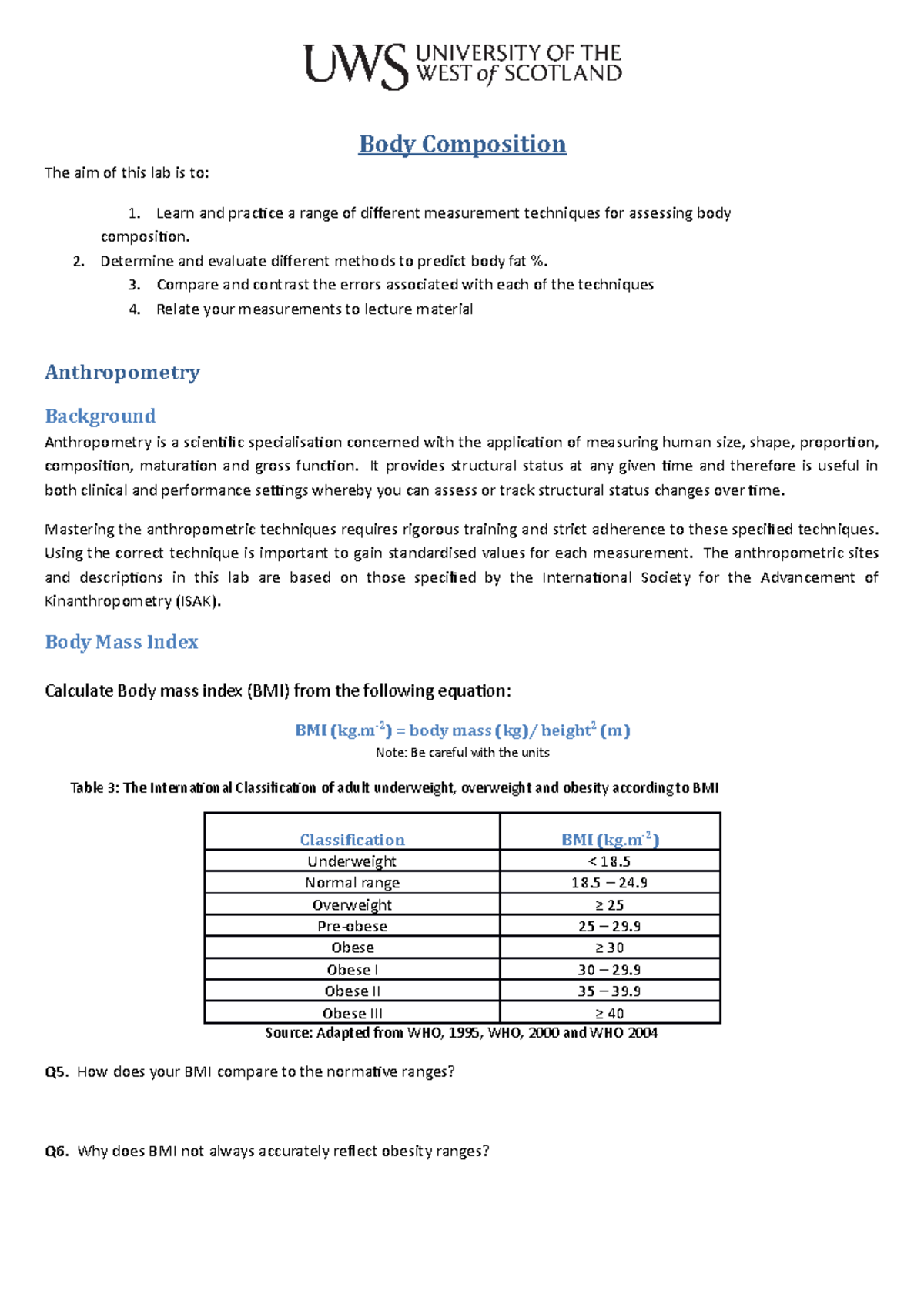 Bodycomposition worksheet - Body Composition The aim of this lab is to ...