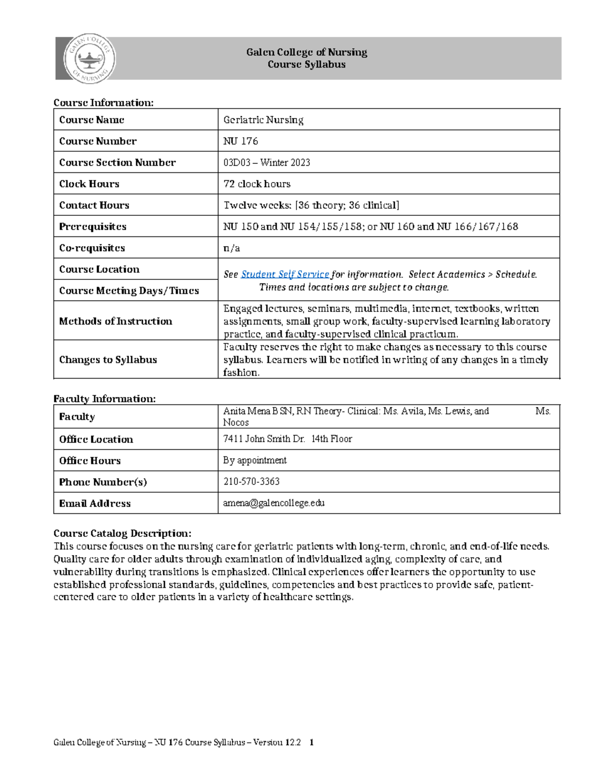 NU 176 Syllabus Version 12-Winter 23 - Galen College of Nursing Course ...