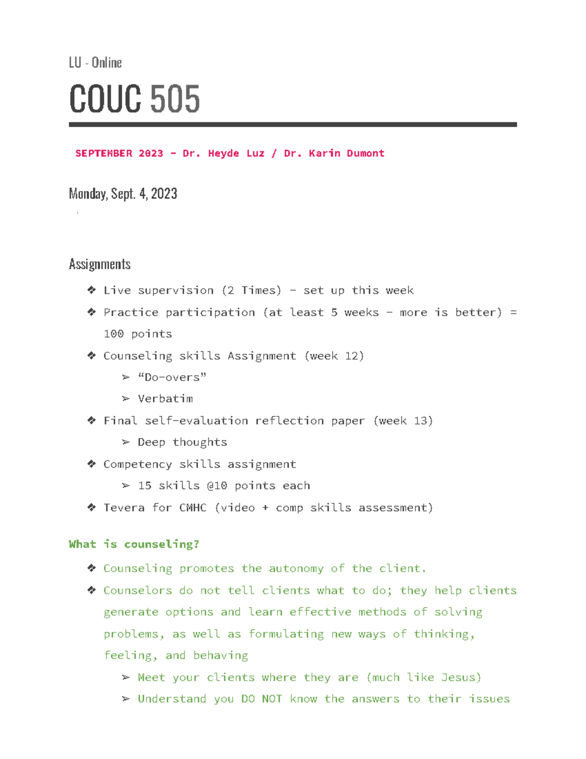 Couc 505 Monday Notes - LU - Online COUC 505 SEPTEMBER 2023 - Dr. Heyde ...