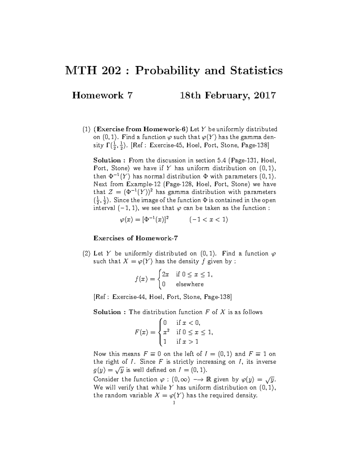 Homework 7 solutions - Practice tutorial shared by professor - MTH 202 : Probability and ...