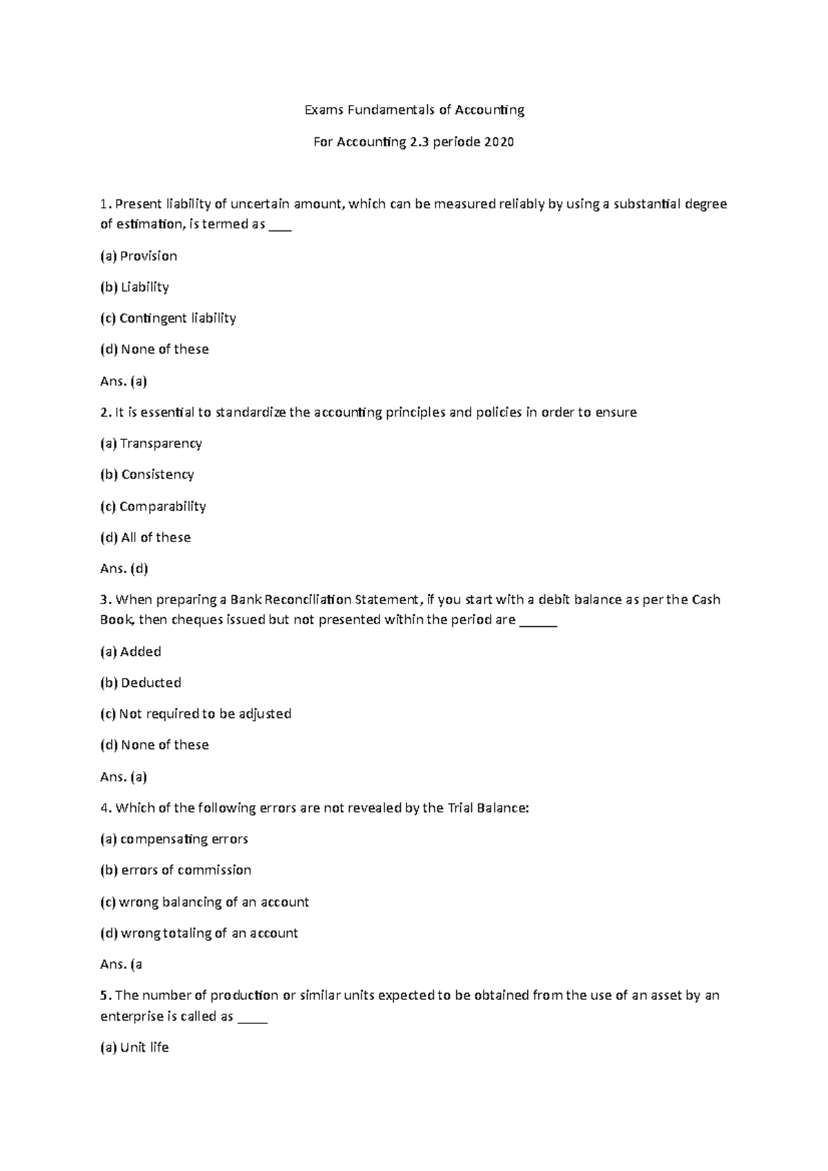 Exams Fundamentals of Accounting For Accounting 2.3 periode 2020 - (a ...