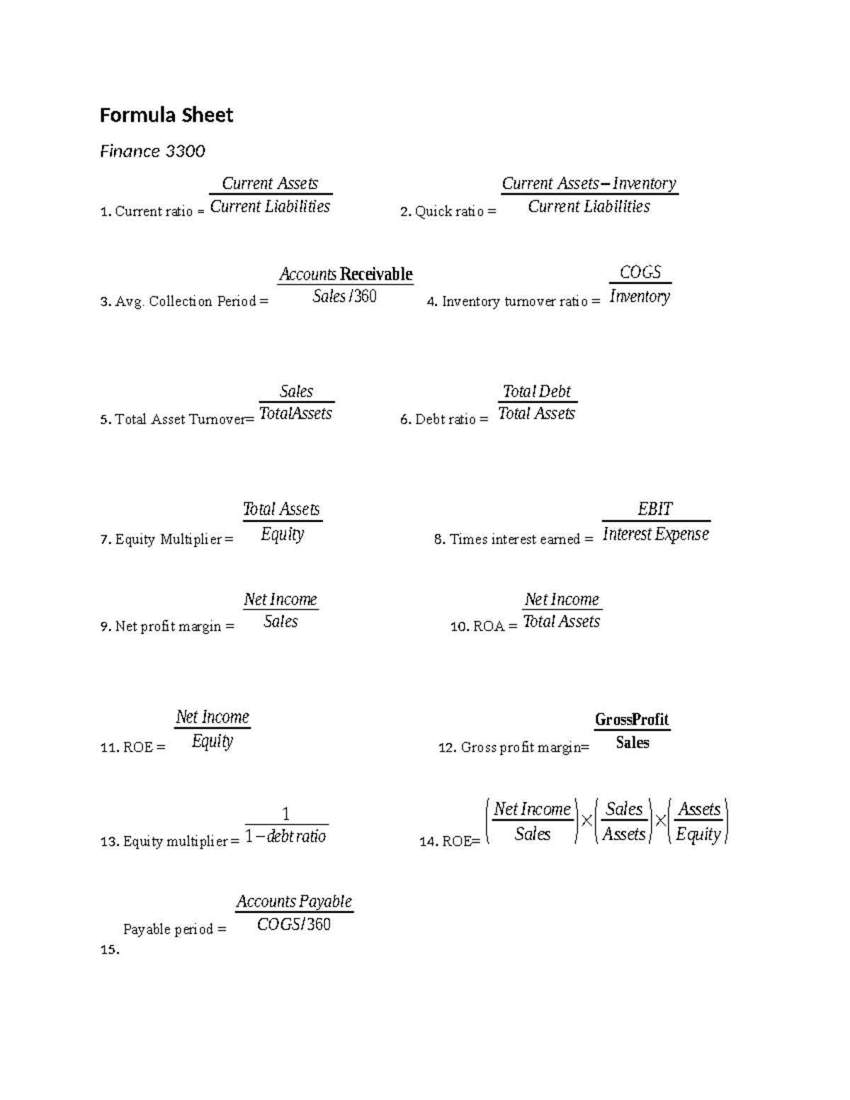 Formula Sheet 3300 Spring 2024 - Formula Sheet Finance 3300 ####### 1 ...