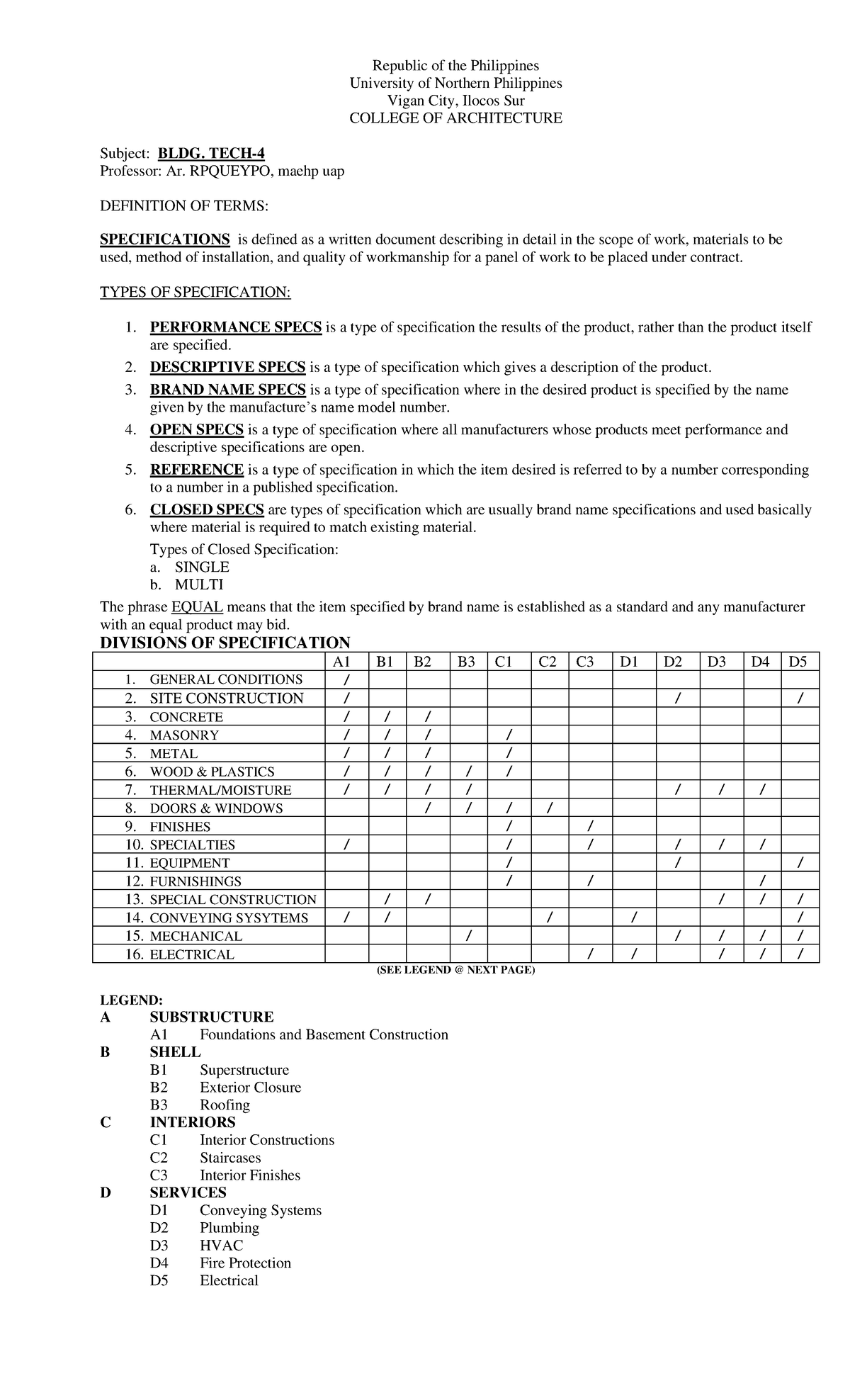 BLDG - TECH- 4 Professor: Ar. RPQUEYPO, maehp uap DEFINITION OF TERMS ...