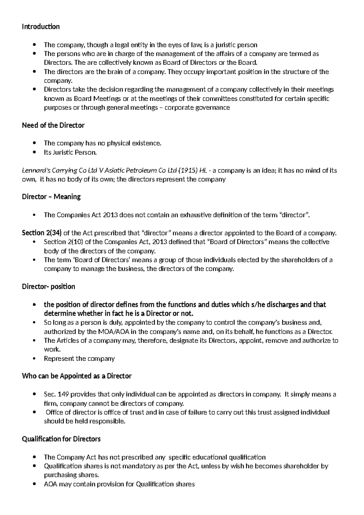 Company Law Notes - Introduction The company, though a legal entity in ...