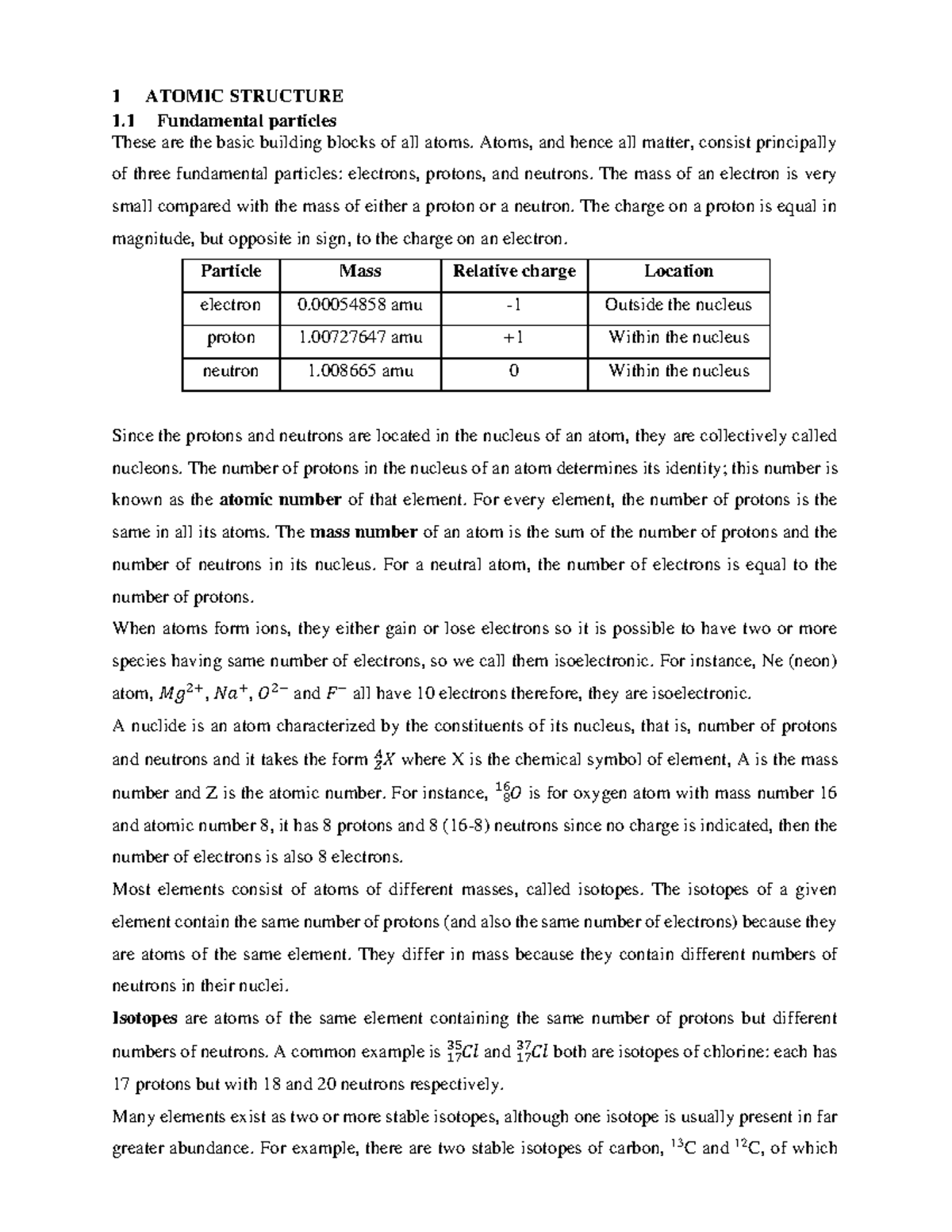 Atomic Structure Section Notes - 1 ATOMIC STRUCTURE 1 Fundamental ...