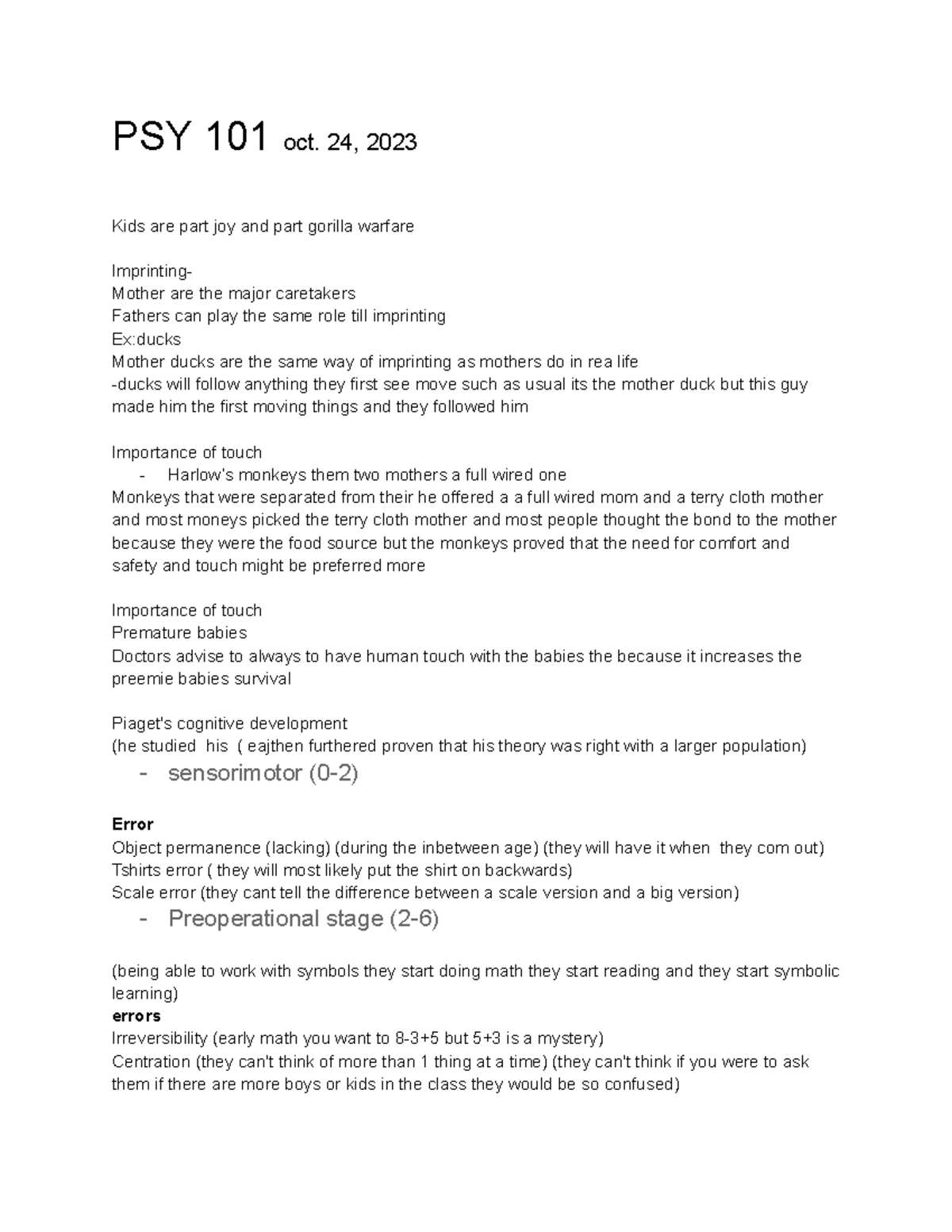 PSY 101 oct 100 - notes - PSY 101 oct. 24, 2023 Kids are part joy and ...