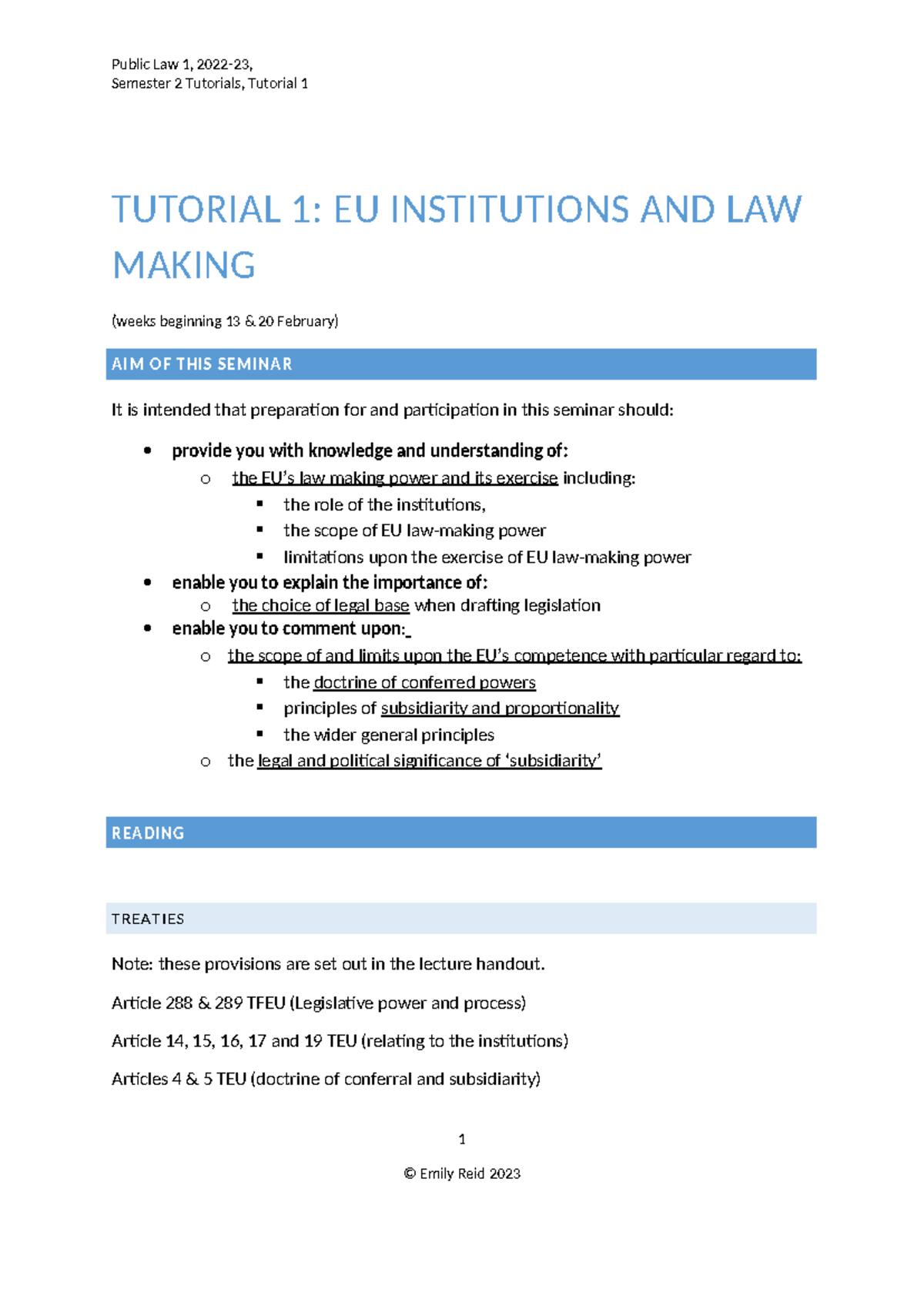 Sem 2 Tutorial 1 EU Institutions and Law-making - Semester 2 Tutorials, Tutorial 1 TUTORIAL 1 ...