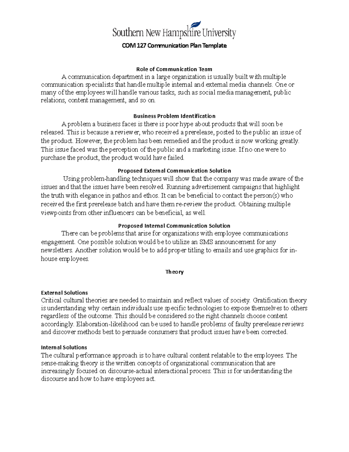 COM127-Milestone Two - COM 127 Communication Plan Template Role of ...