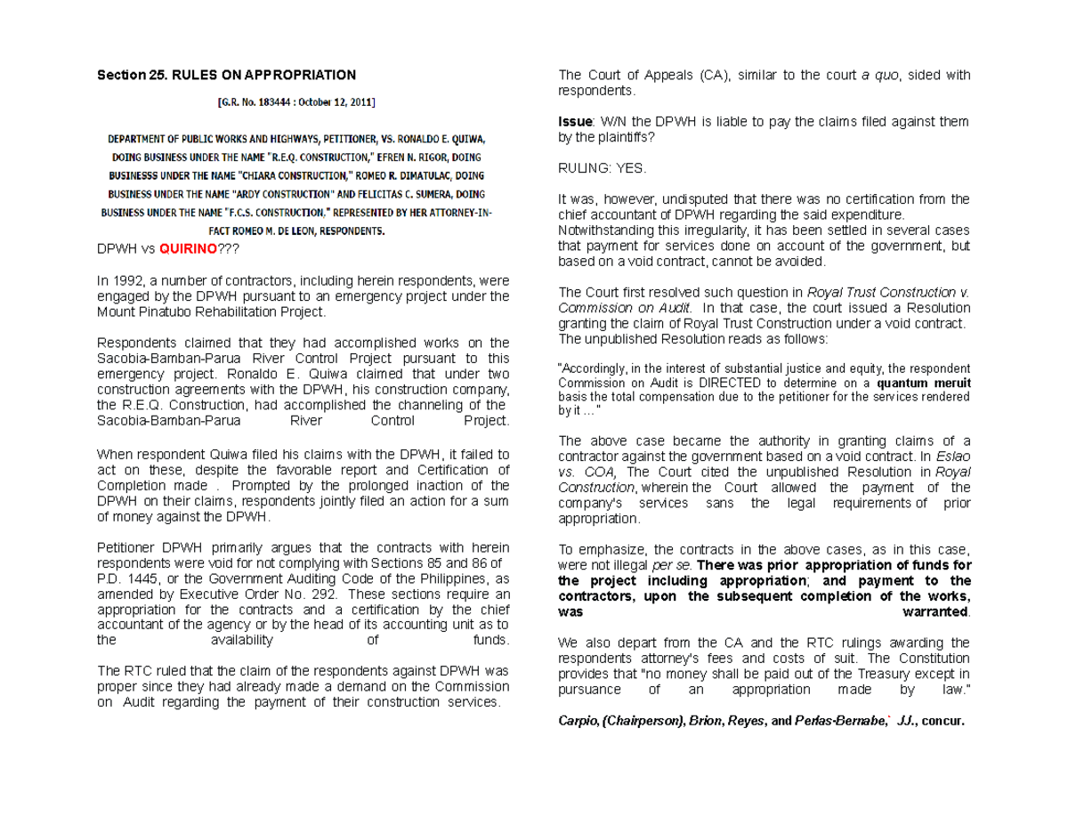 DPWH vs Quiwa - Case Digest - Section 25. RULES ON APPROPRIATION DPWH ...