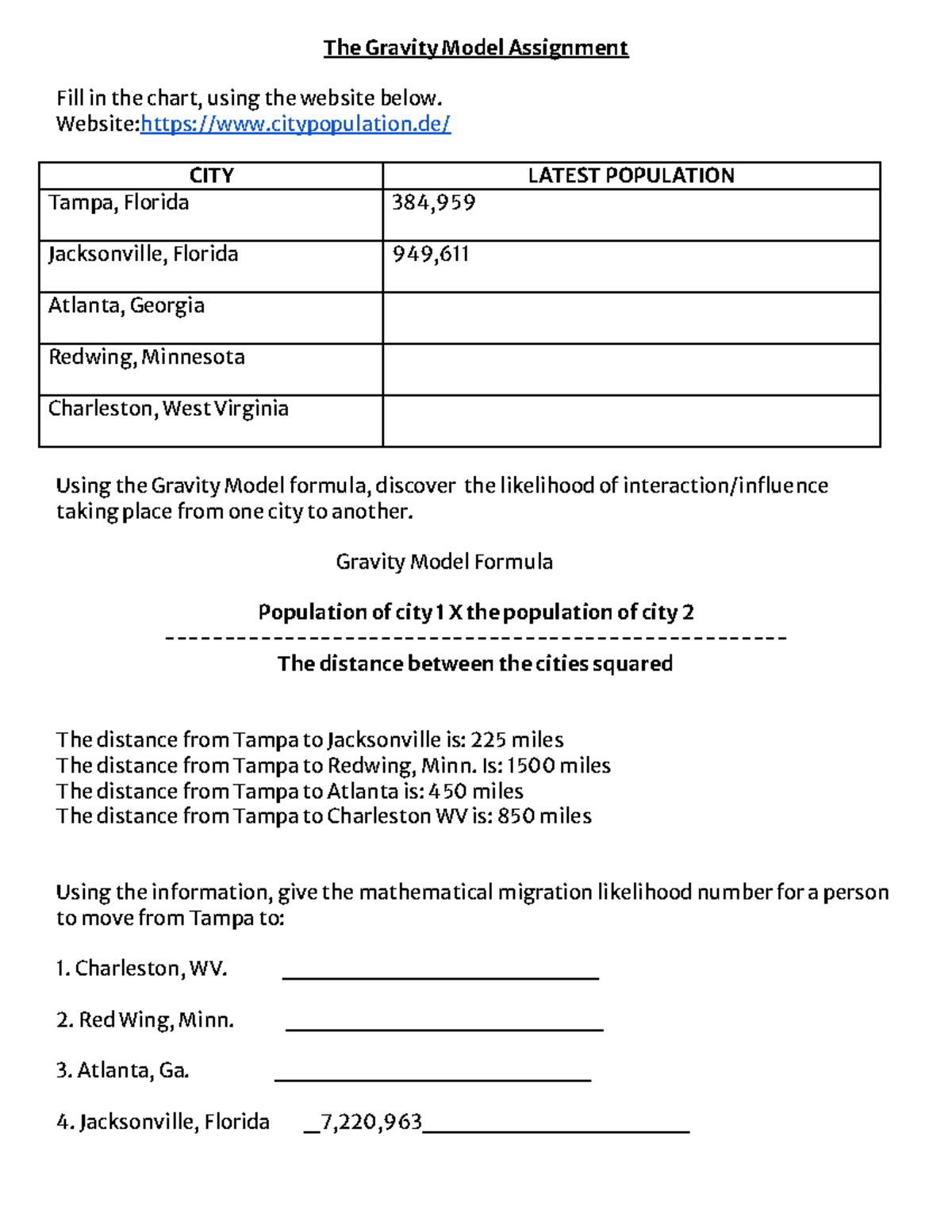 Copy of Gravity Model Assignment - The Gravity Model Assignment Fill in ...