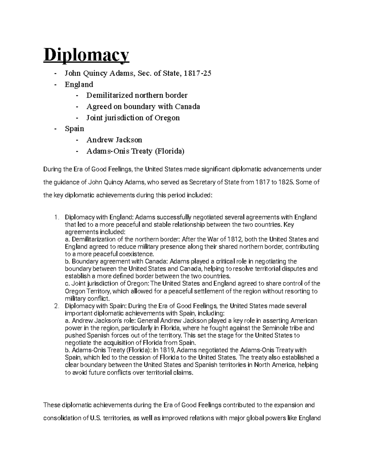 Diplomacy Key Questions - Diplomacy - John Quincy Adams, Sec. of State ...