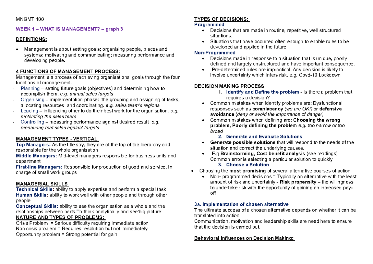 Mngmt 100 - notes - MNGMT 100 WEEK 1 – WHAT IS MANAGEMENT? – graph 3 ...