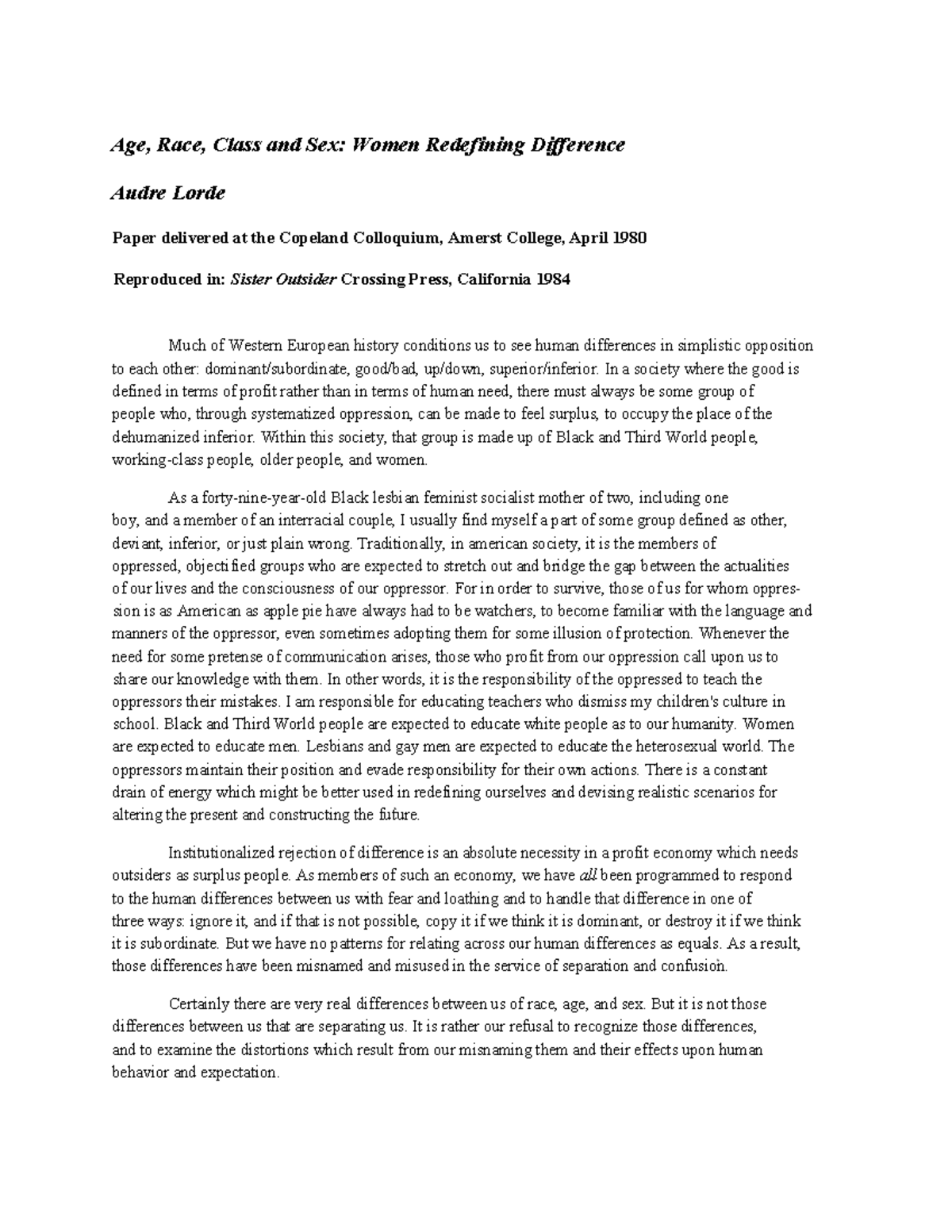 Lorde Age, Race, Class, and Sex - Age, Race, Class and Sex: Women ...