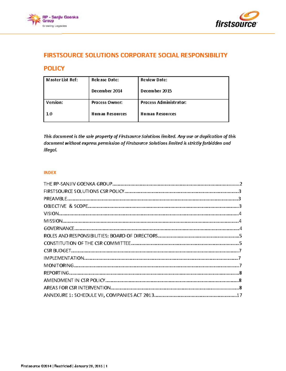 Fsl corporate social responsibility policy - FIRSTSOURCE SOLUTIONS CORPORATE SOCIAL ...