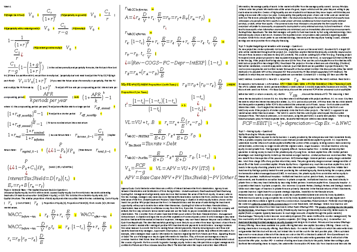 AFIN353 Final Cheat Sheet - Week 1 PV(Single Cash Flow)=V 0 = Ct ( 1 +r ...