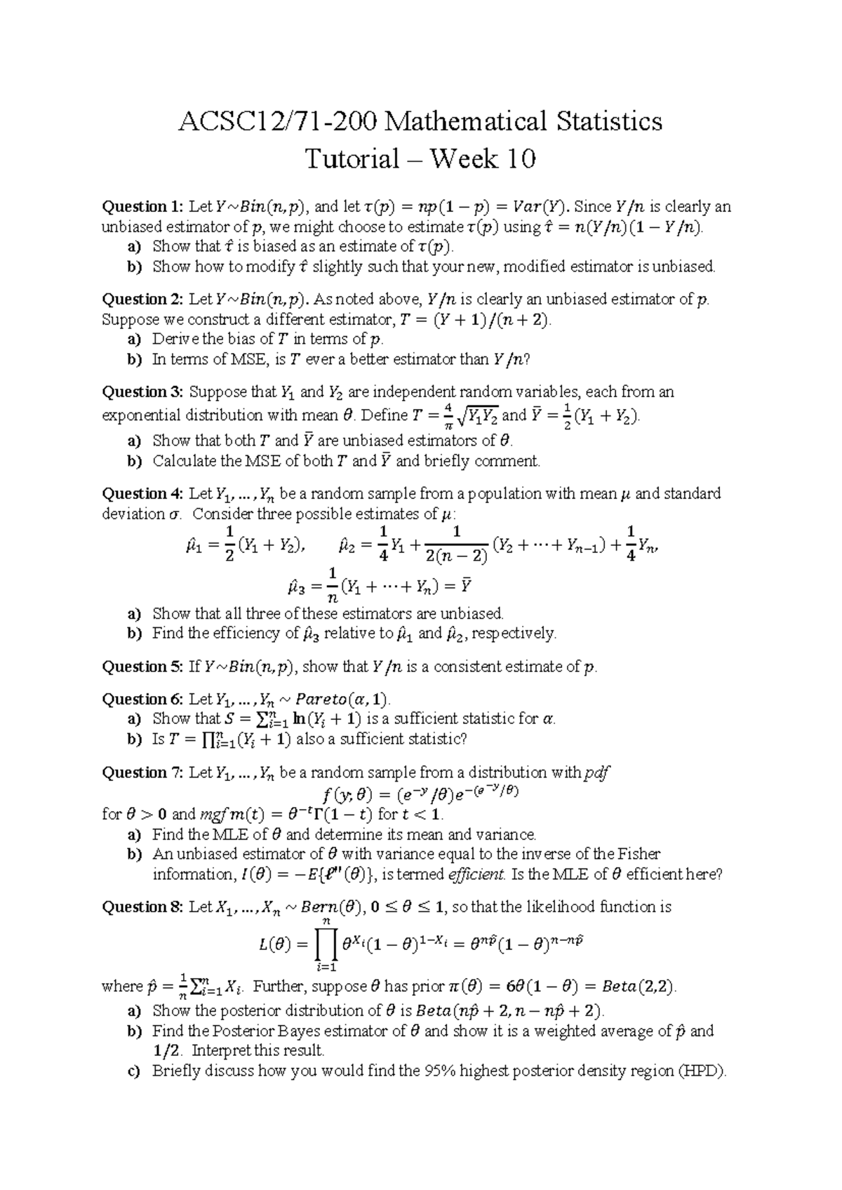 ACSC12-71-200 Tutorial-10NEW - ACSC12/71-200 Mathematical Statistics ...
