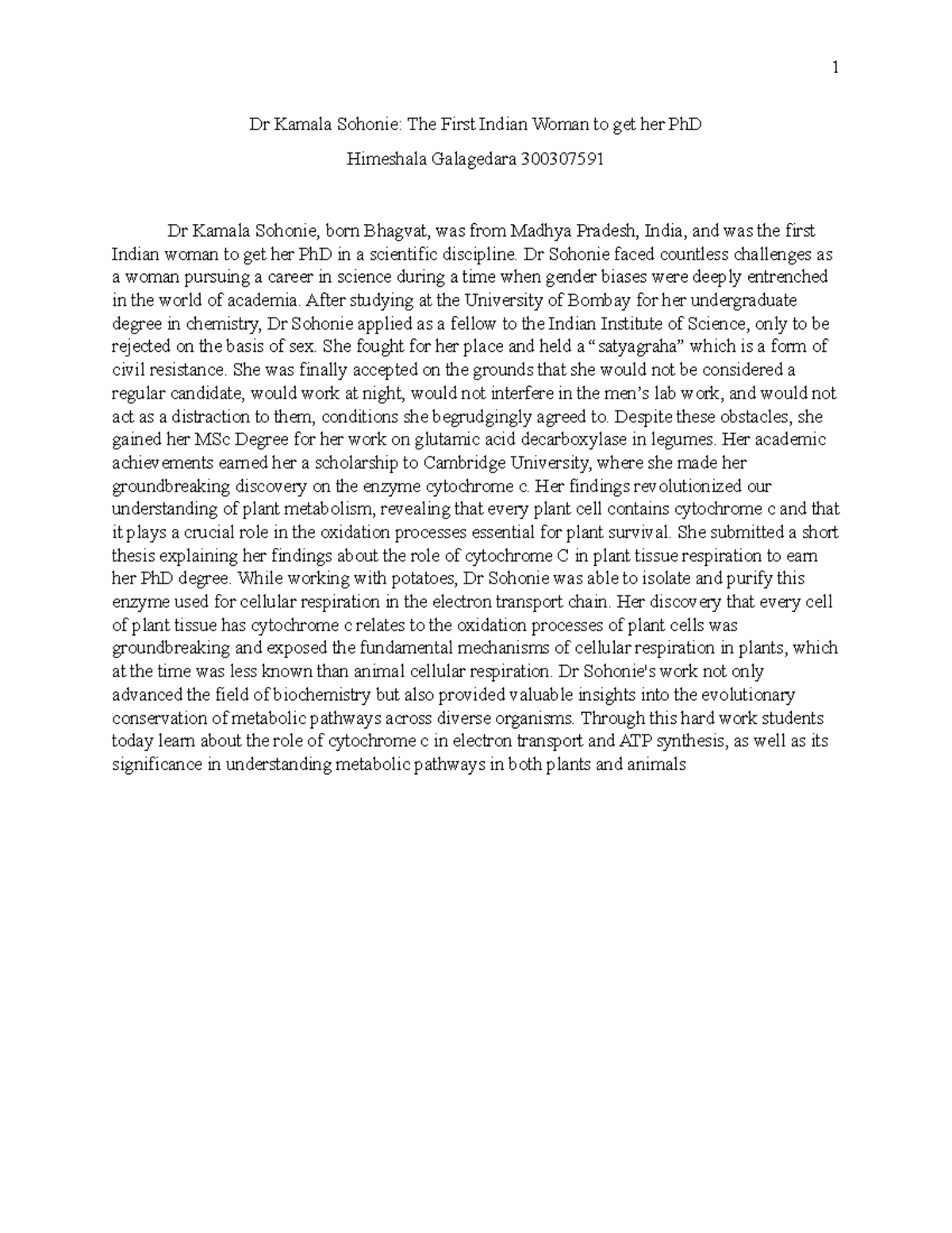 BCH2333 Biochemist Biography: Dr Kamala Sohanie - 1 Dr Kamala Sohonie ...