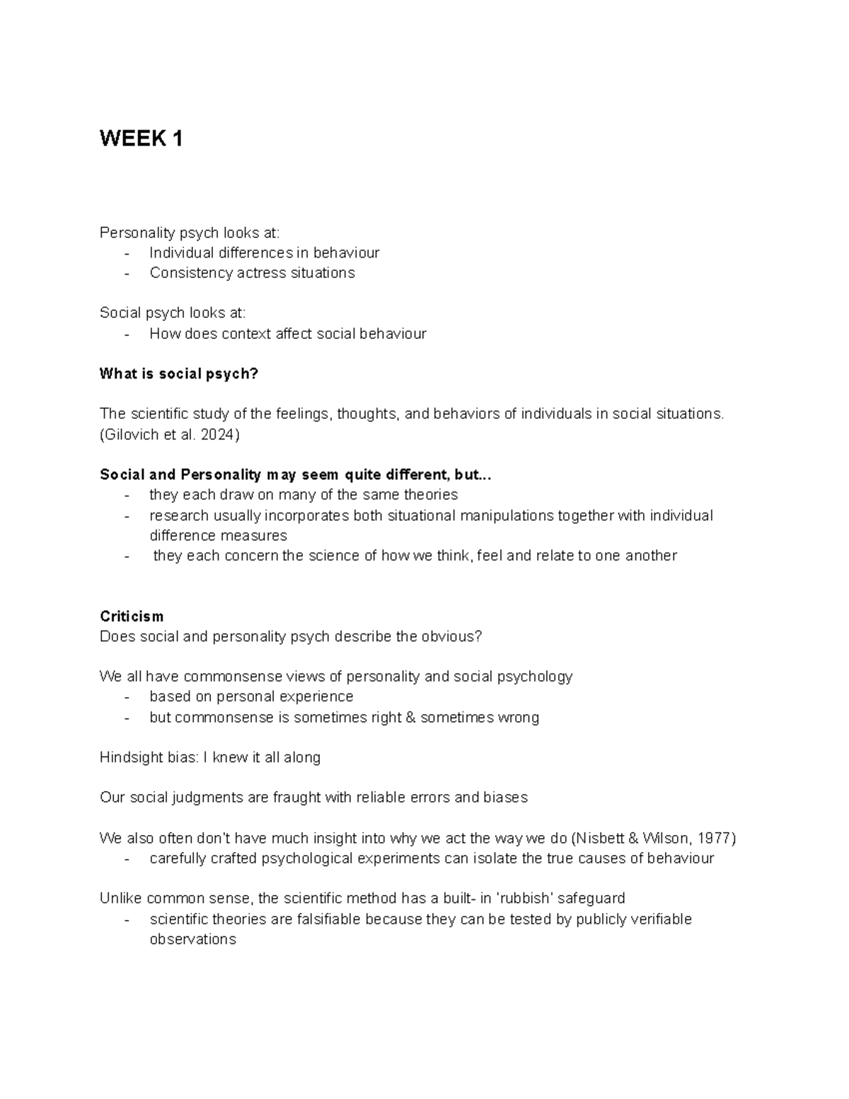 PSY2234 - Full course lecture study notes - WEEK 1 Personality psych ...