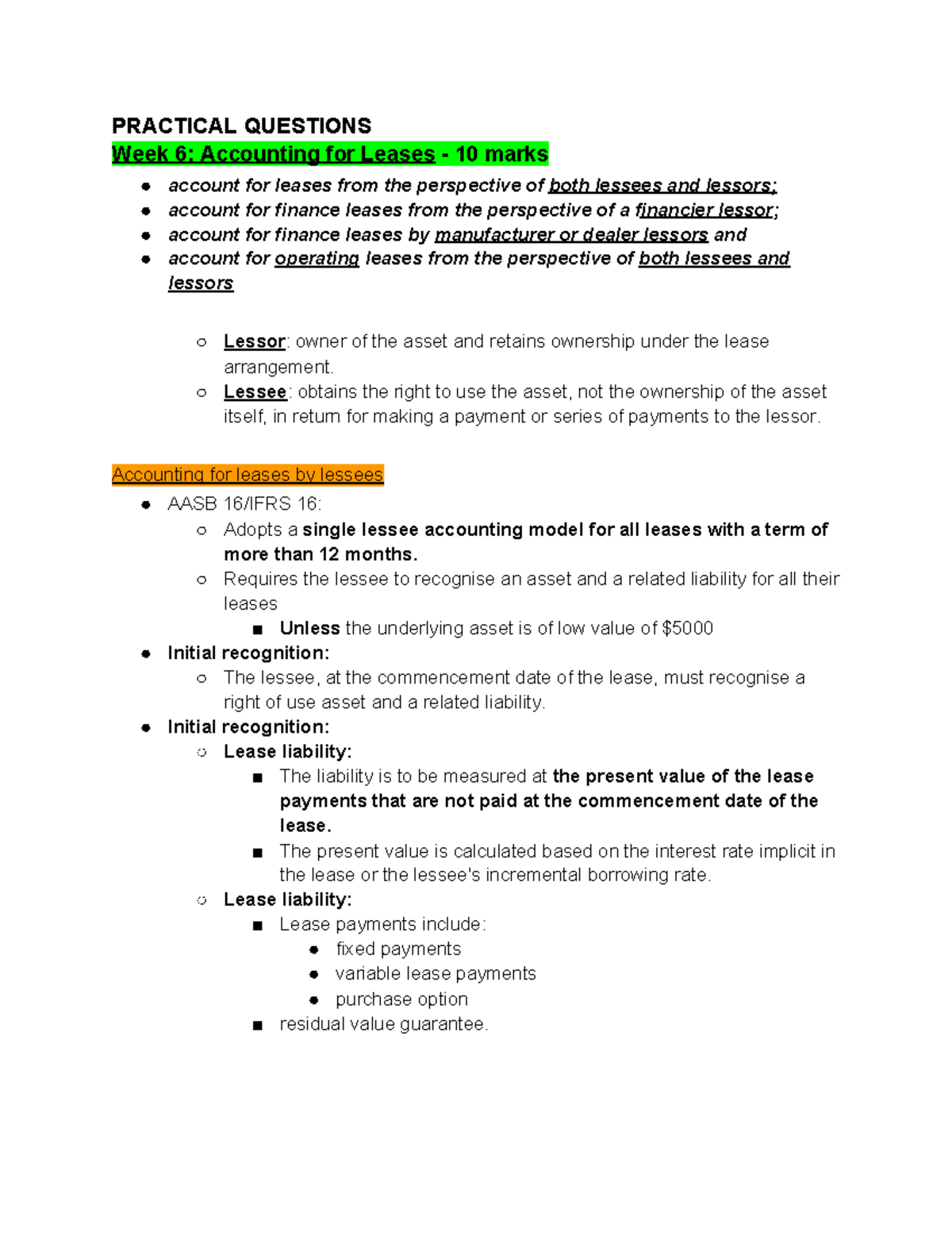 Financial accounting exam study - PRACTICAL QUESTIONS Week 6: Accounting for Leases - 10 marks ...